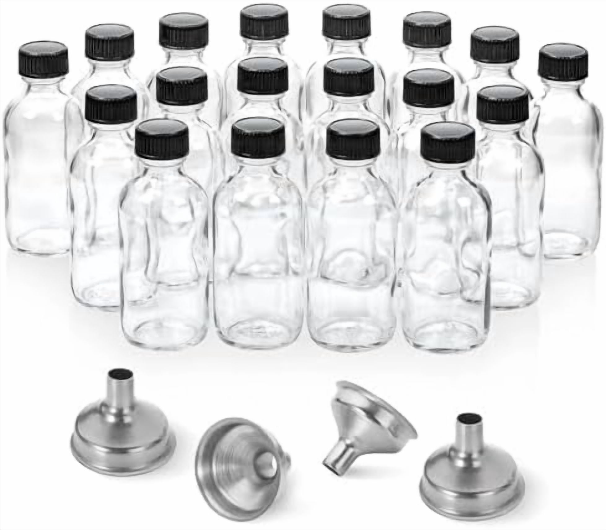 18 Pack, 2 oz Small Clear Glass Bottles w/Lid & 4 Stainless Steel ...