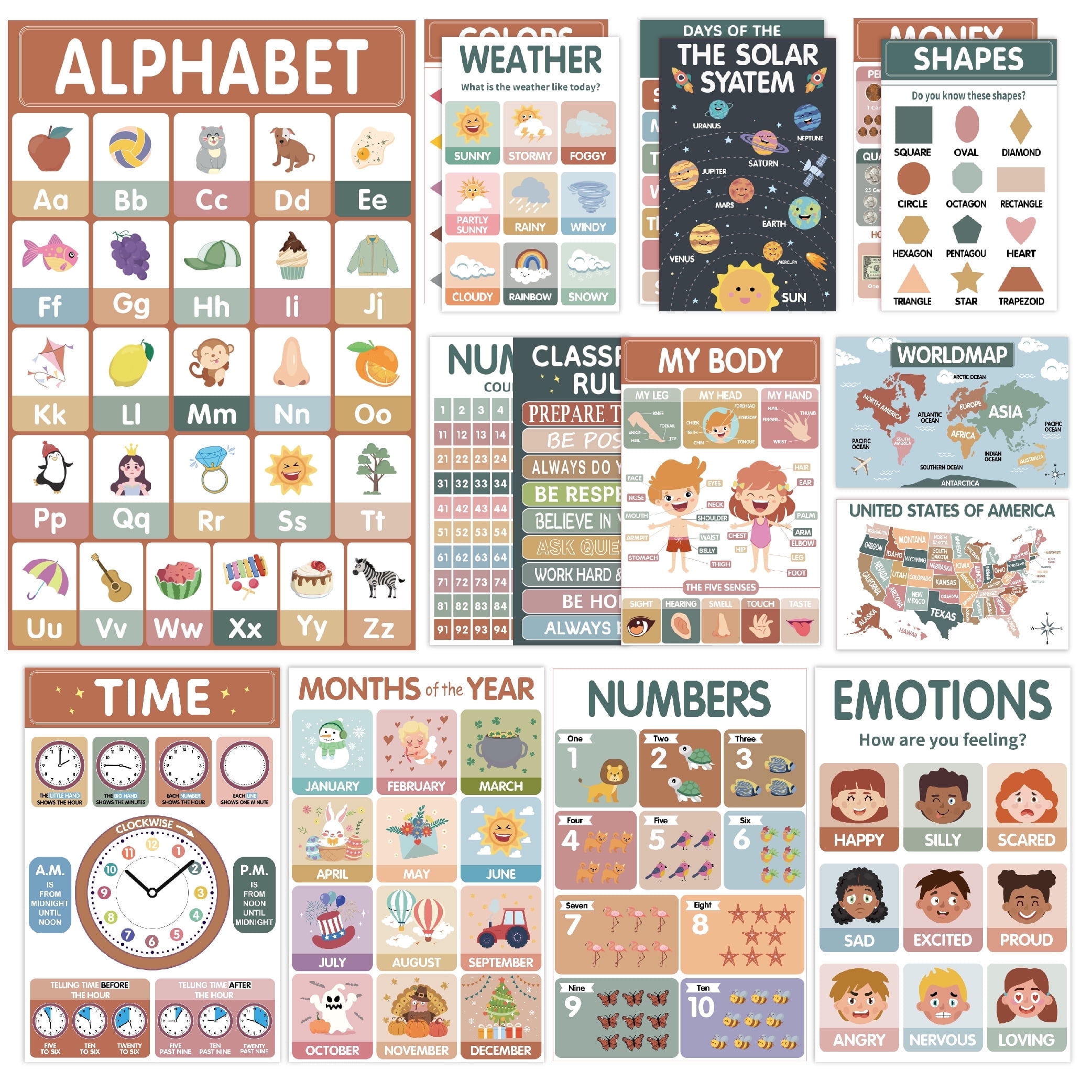 18 Pack Educational Posters for Kids 11" x 16.5", Preschool ...