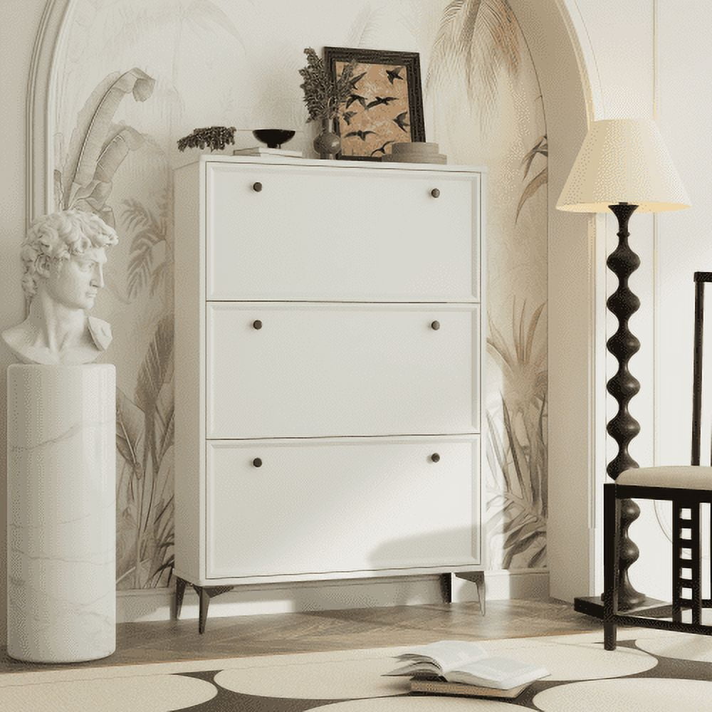 [18-Pair Slim Design] Modern White Shoe Cabinet with 3 Flip-Up Drawers ...