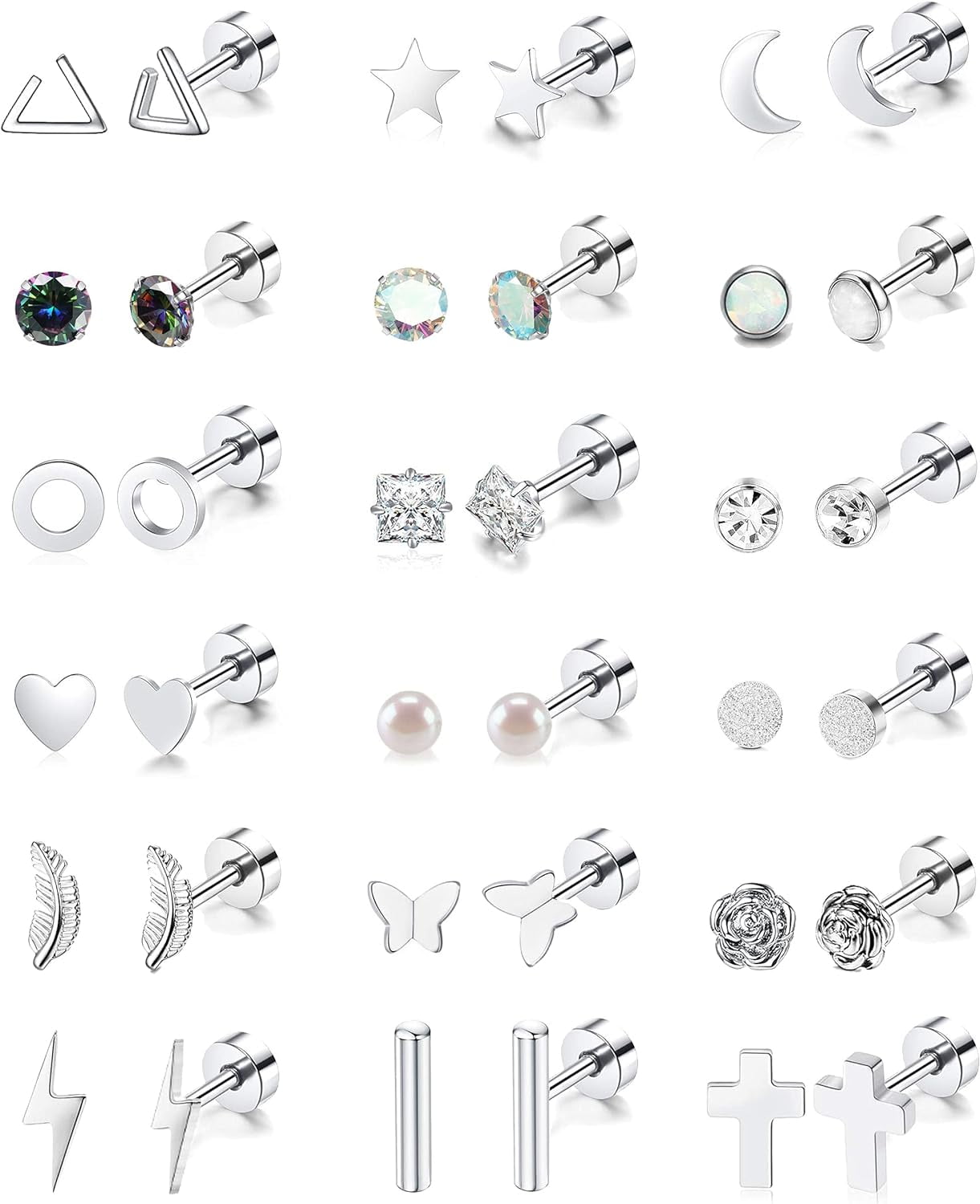 18 Pairs Stainless Steel Stud Earrings Set For Women Men Star Moon Flower Heart Leaf Opal 20G ...
