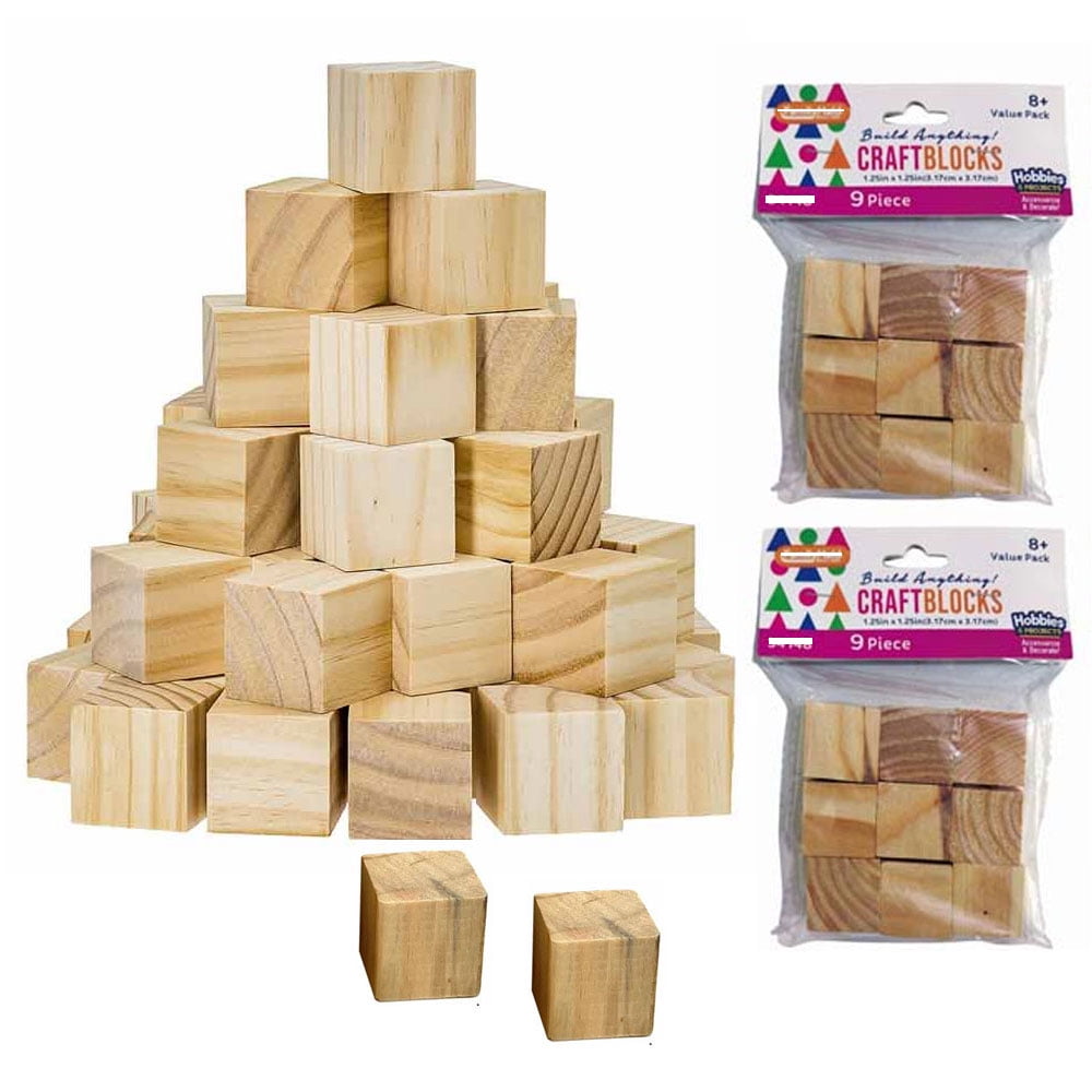 18 Pc Natural Wooden Craft Blocks Unfinished Hardwood Square Wood 1.25 ...
