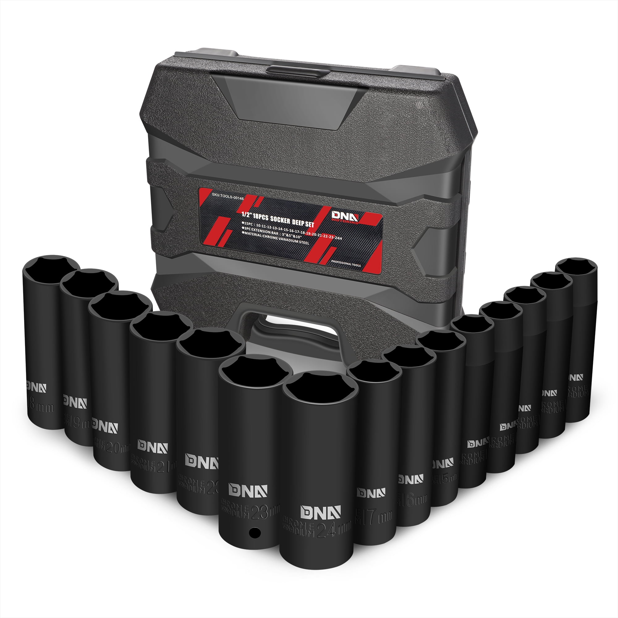18-Pcs 1/2-Inch Drive Metric Impact Socket Set - 10-24mm, with 3'' 5 ...
