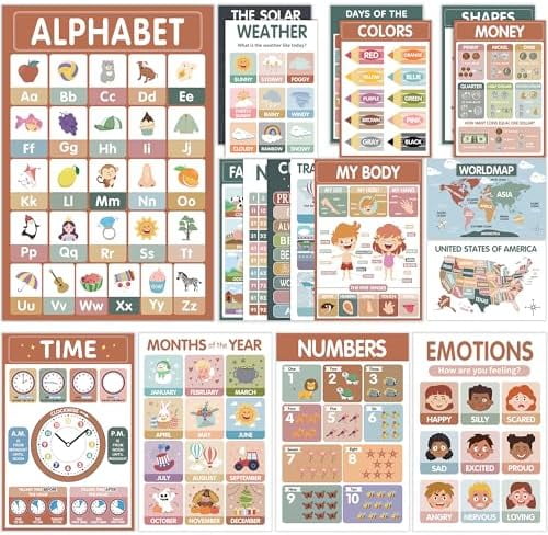 18 Pcs Boho Groovy Educational Posters for Toddlers 1-3,Laminated Pre-K ...