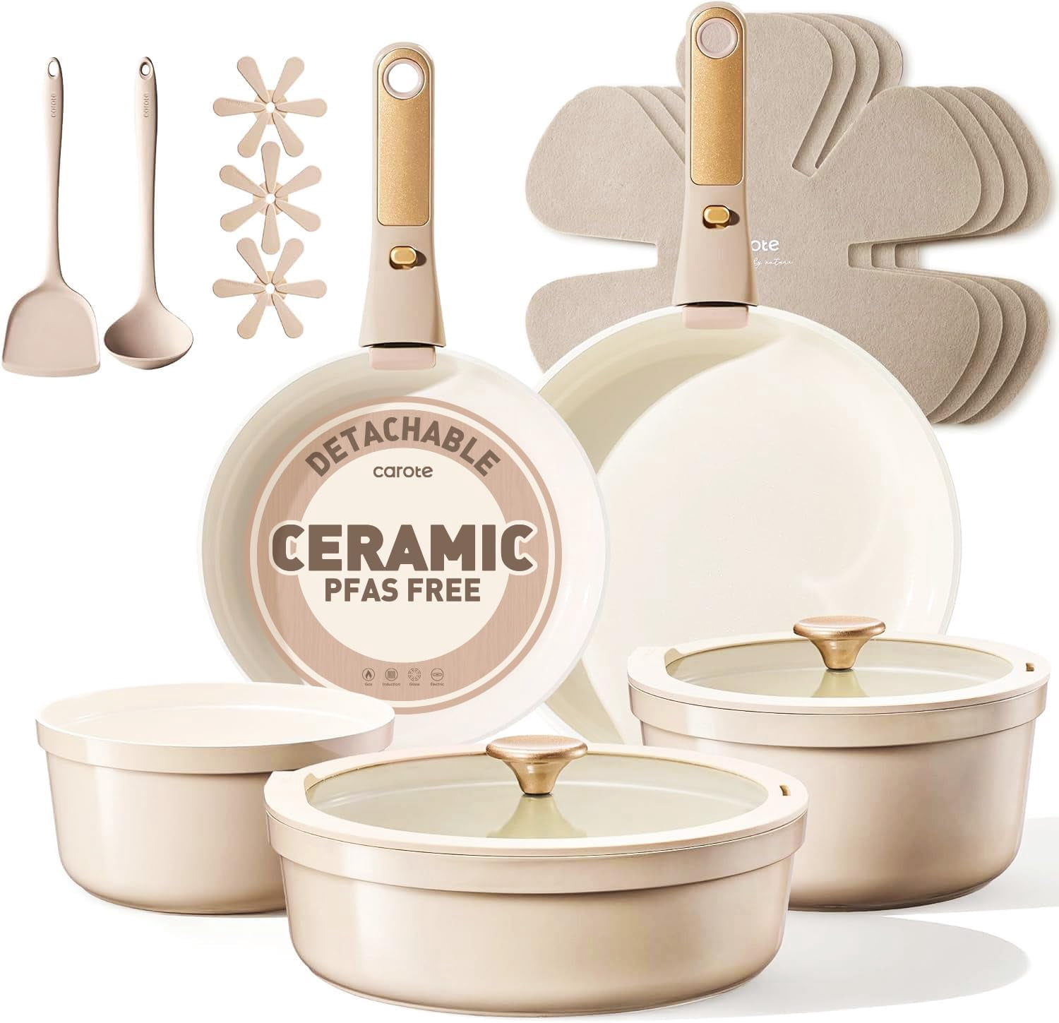 18 Pcs Ceramic Cookware Set Titanium Nonstick with Detachable Handles ...