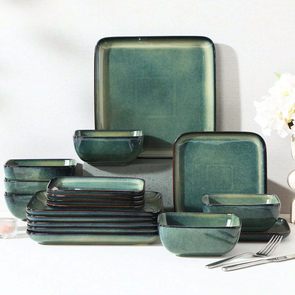 18 Pcs Ceramic Dinnerware Set, Square Porcelain Plate And Bowls, Green ...
