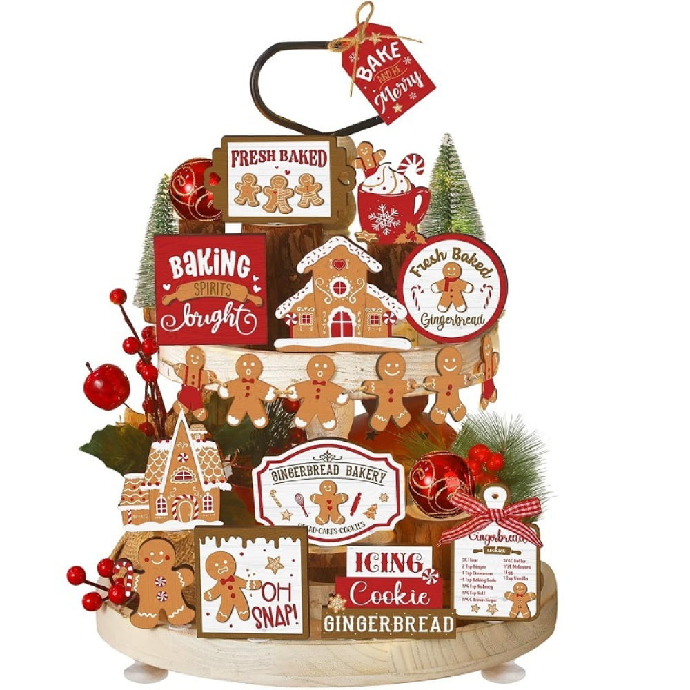 18 Pcs Christmas Gingerbread Man Tiered Tray Decor Set Gingerbread ...