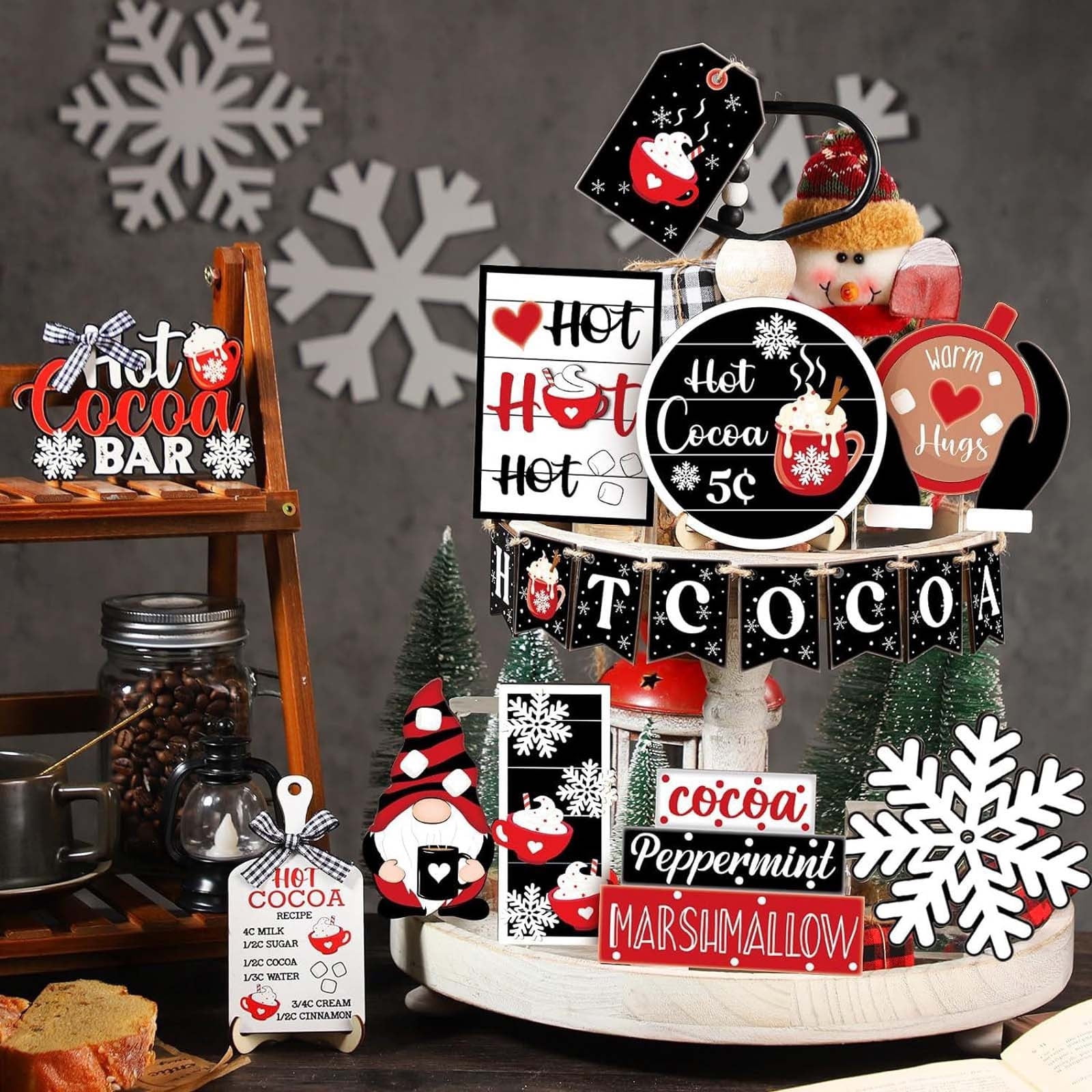 18 Pcs Christmas Tiered Tray Decor Set with Hot Cocoa Wood Signs ...