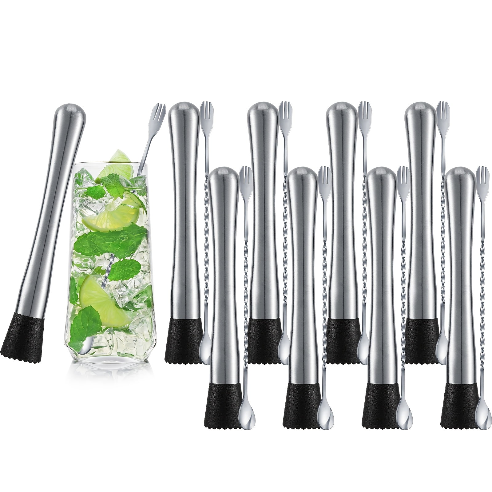 18 Pcs Cocktail Muddler and Mixing Spoon Set, Stainless Steel Bar Tools ...