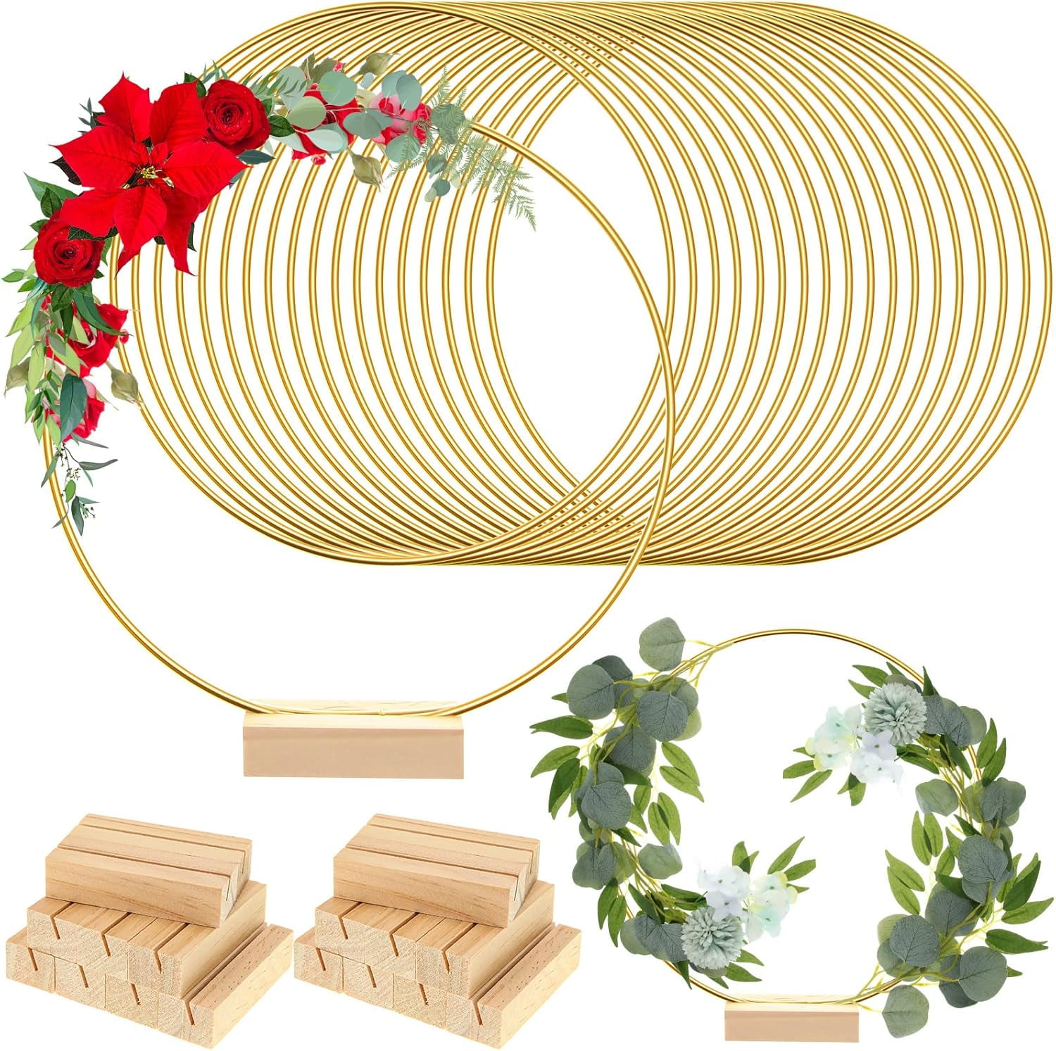 18 Pcs Floral Hoop Centerpiece with Stand 14 Inch Metal Rings Macrame ...