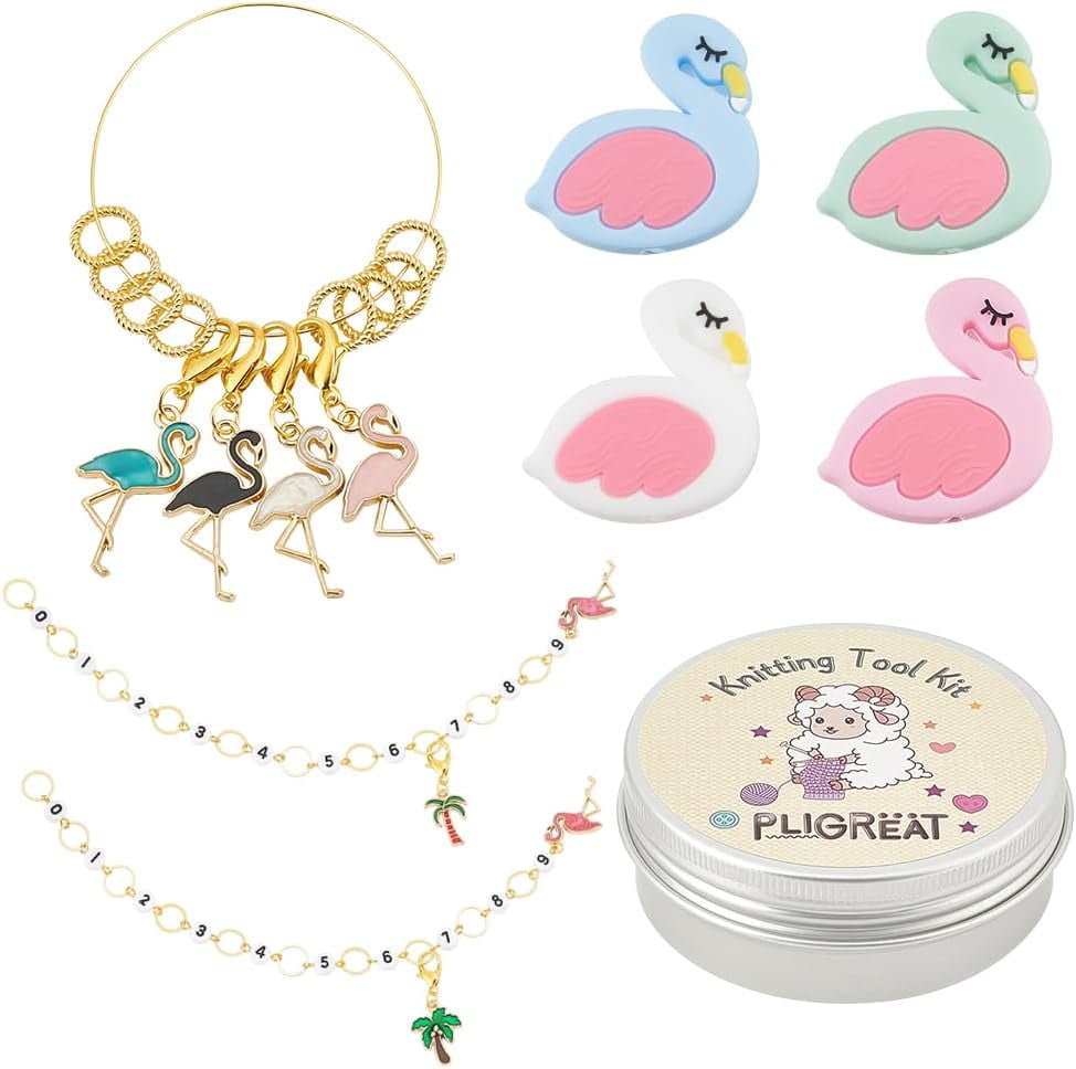 18 Pcs Knitting Tool Kit Cute Flamingo Charms Knitting Row Counter ...