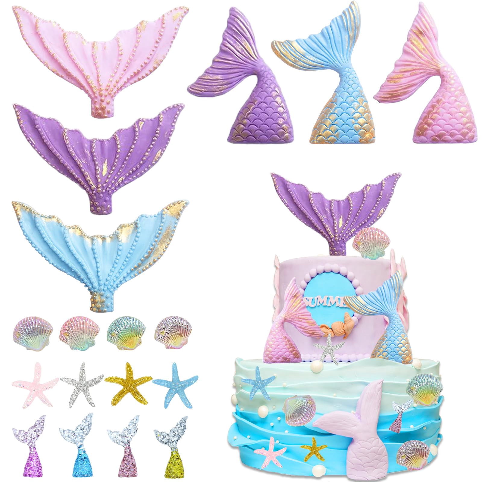 18 Pcs Mermaid TWE5 Tail Shells Sea Star Cake Toppers for Mermaid Theme ...