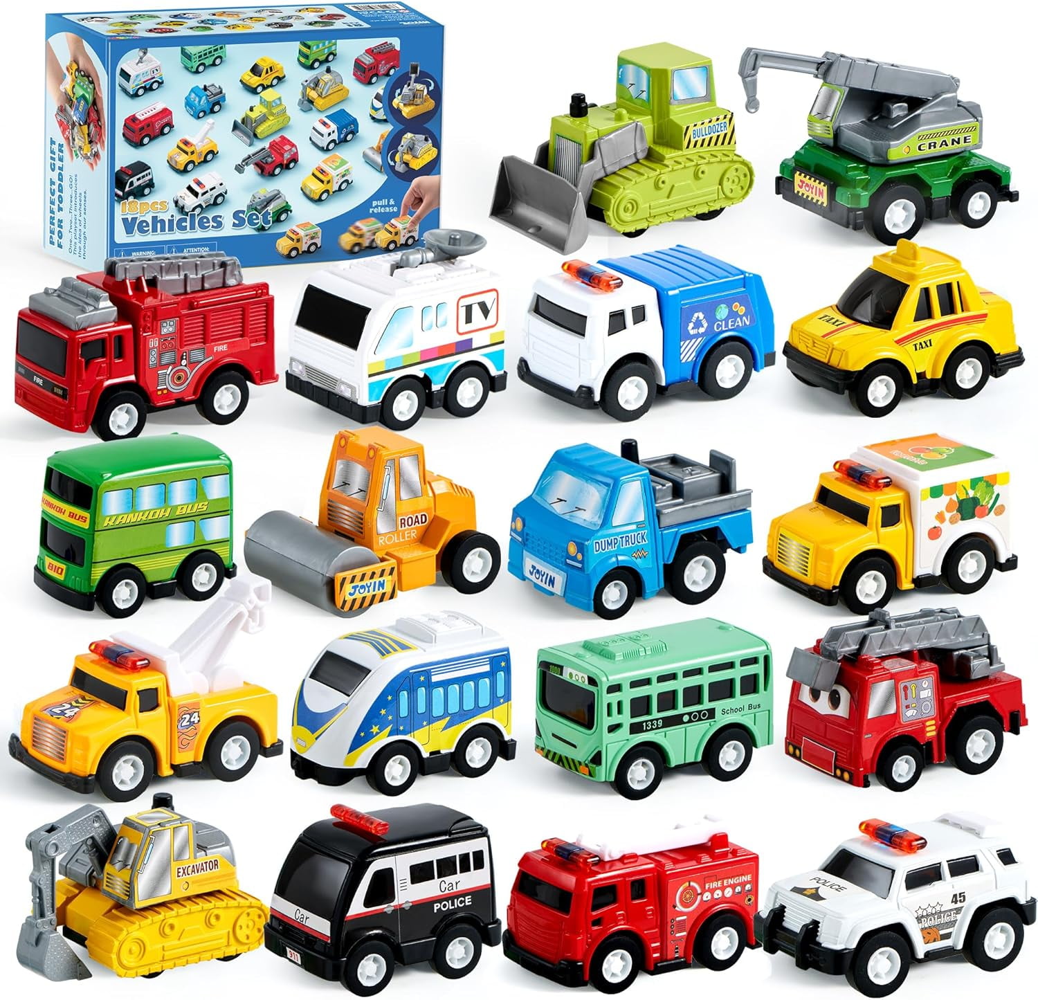 18 Pcs Pull Back City Cars and Trucks Toy Vehicles Set, Friction ...