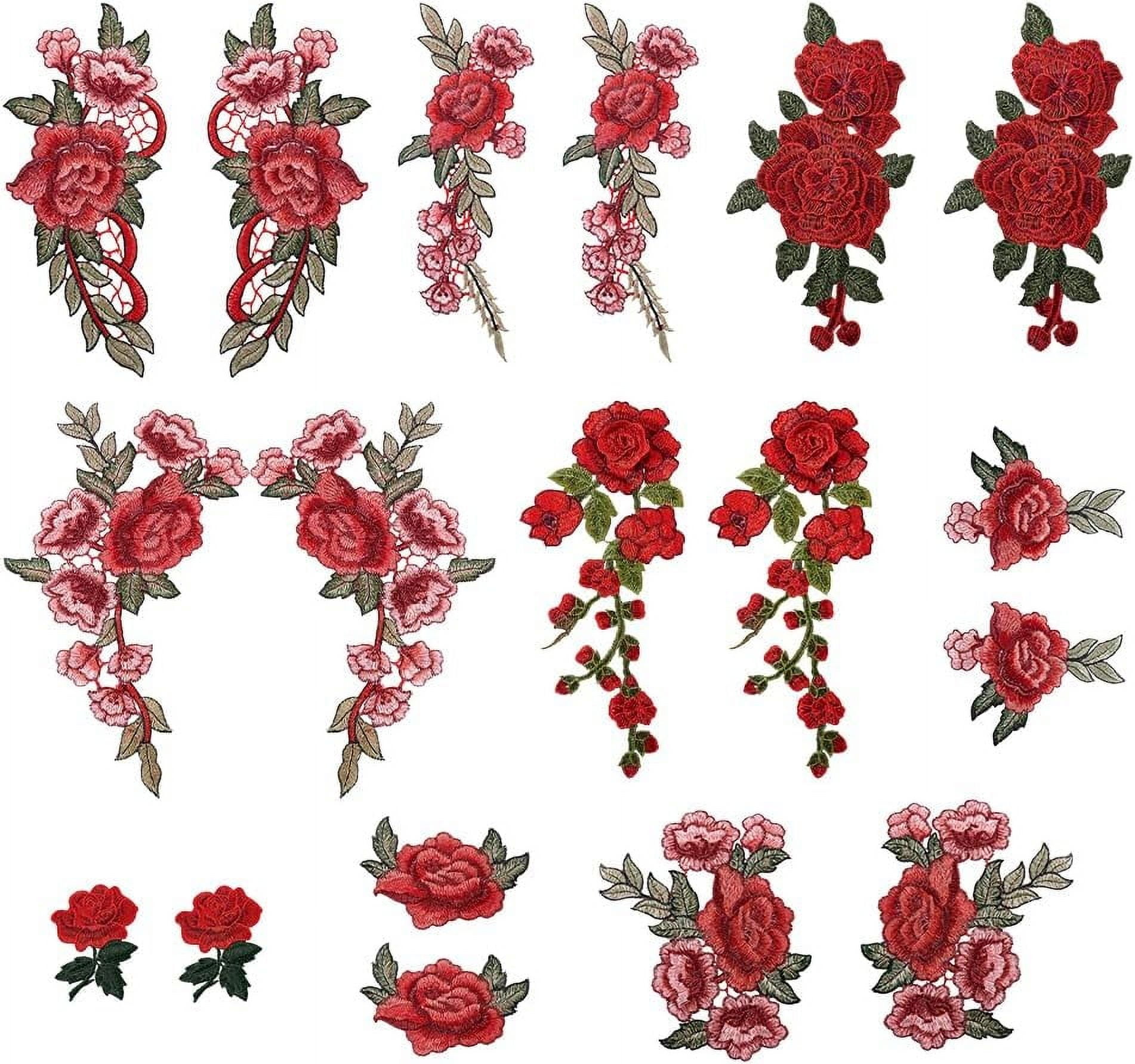 18 Pcs Red Rose Embroidery Flower Applique Sew On Patches 9 Styles Rose ...