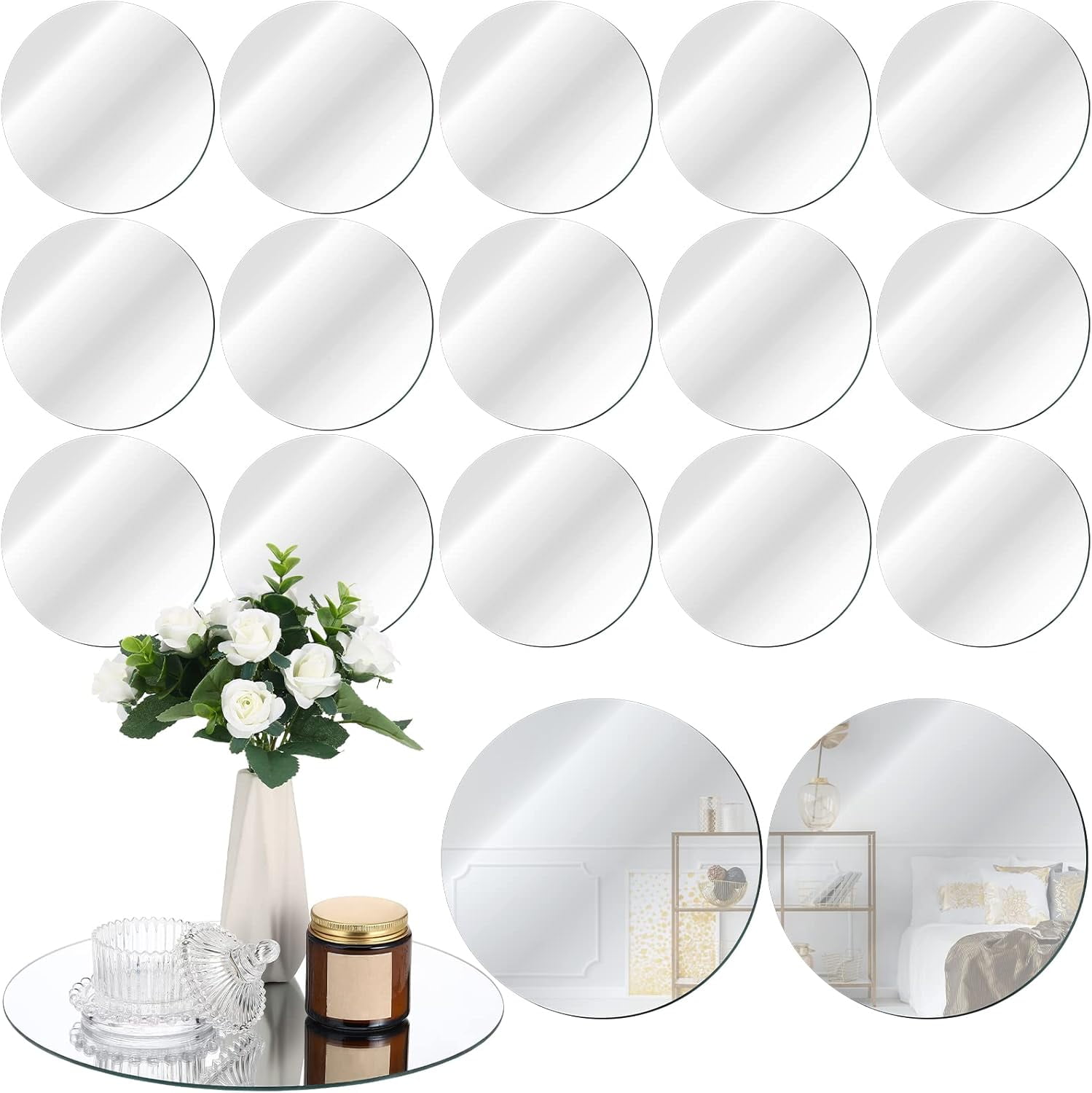 18 Pcs Round Mirror Candle Plate Set with Round Mirrors Trays Circle ...