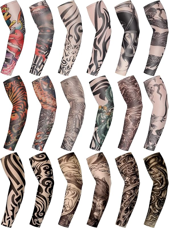18 Pcs Tattoo Sleeves for Men Arts Fake Temporary Tattoo Arm Sunscreen ...