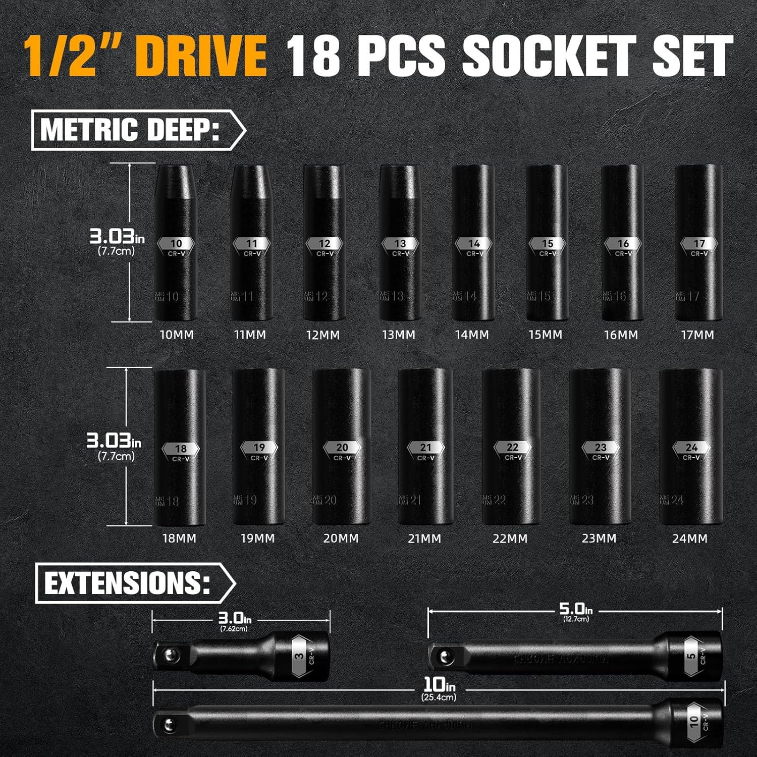 18-Piece 1/2 Inch Drive Deep Impact Socket Set, Standard 6 Point Metric Sizes (10mm - 24mm), Cr ...