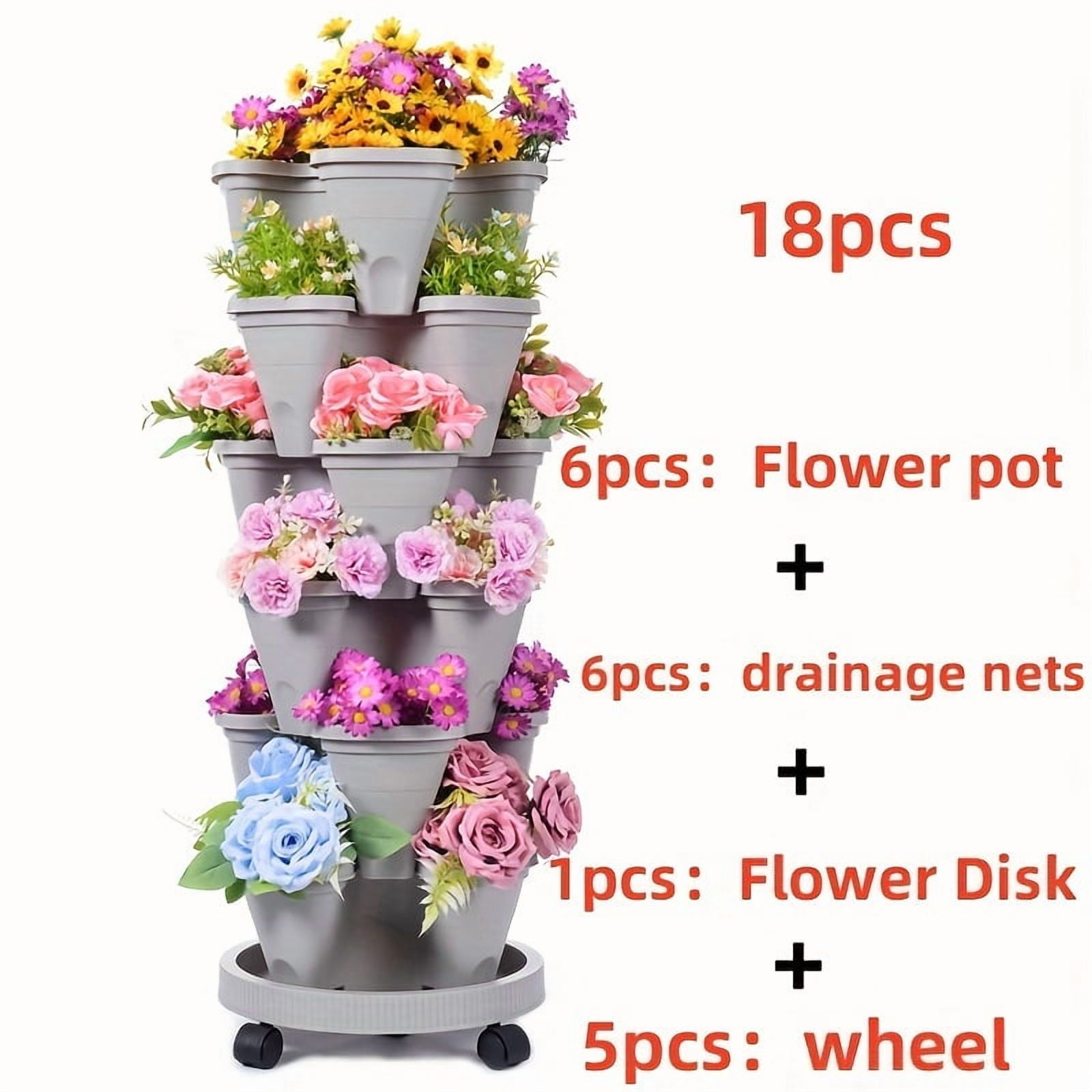 18-Piece 6-Layer Petal Stackable Planter Pots with Wheels - Durable for ...
