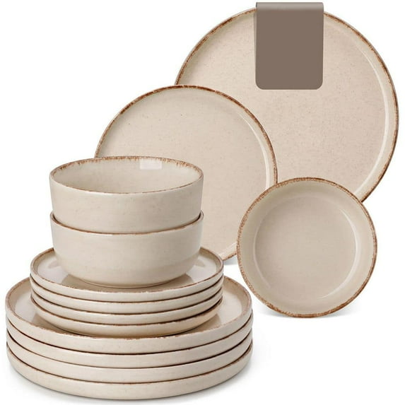 18-Piece Beige Stoneware Dinnerware Set Service for 6 Rustic Design ...