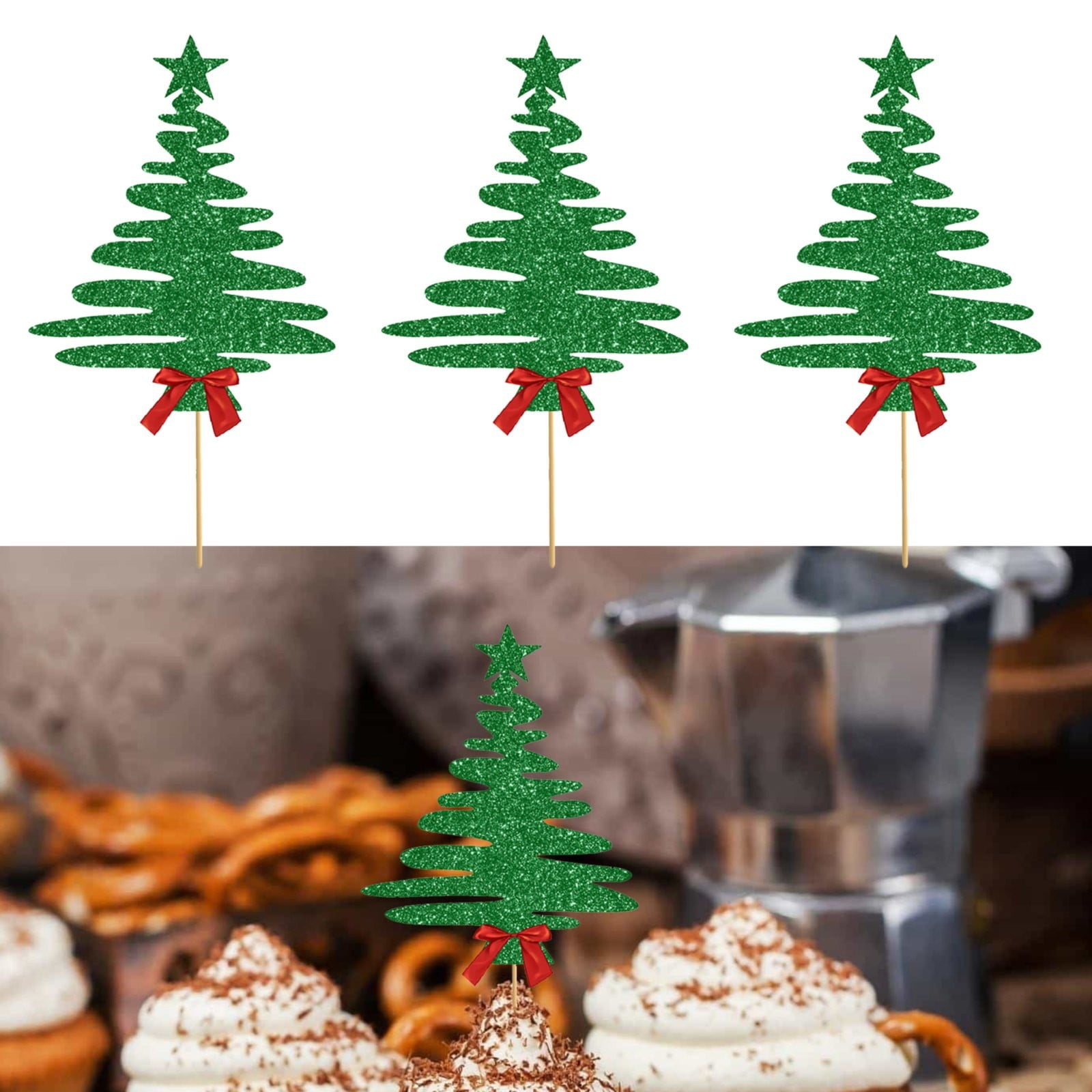 18-Piece Christmas Tree Cupcake Toppers Set, Glitter Cake Decorations ...