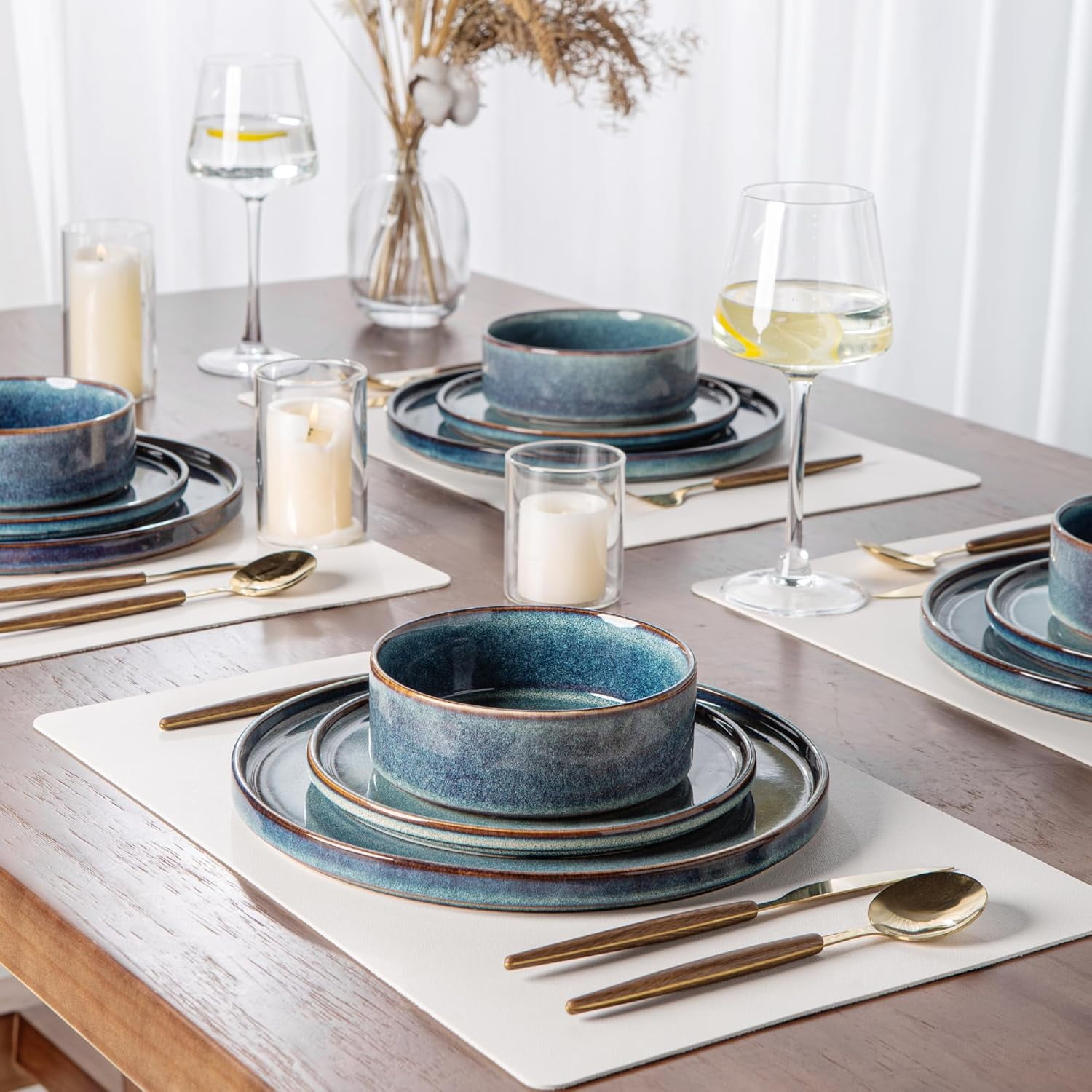 18-Piece Handcrafted Reactive Glaze Ceramic Dinnerware Set Chip Resistant Dishwasher Microwave ...