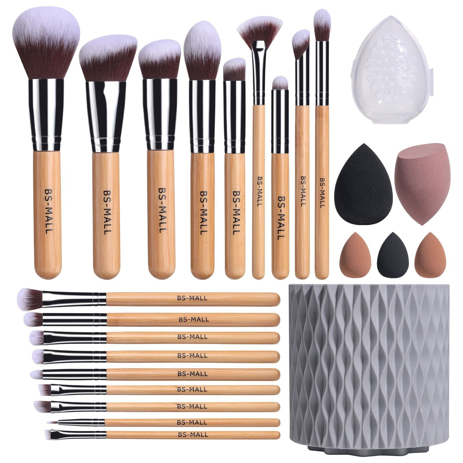 18 Piece Light Brown Makeup Brush Set Utility Swivel Gray Bucket Size Black Brown Powder Puff ...