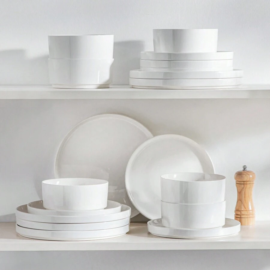 18 Piece Set Of White Curved Vertical Edge Design Ceramic Tableware Set ...