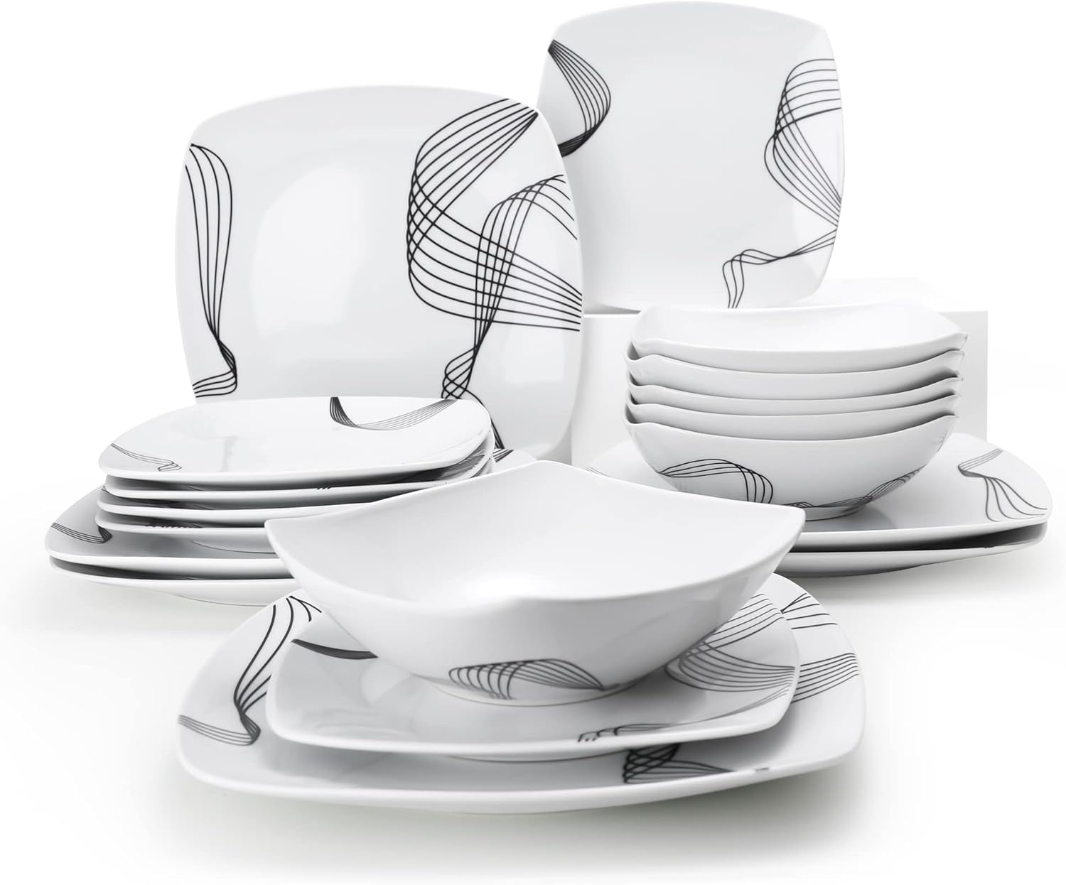 18-Piece Square Porcelain Dinnerware Sets for 6, Ceramic Plates and ...