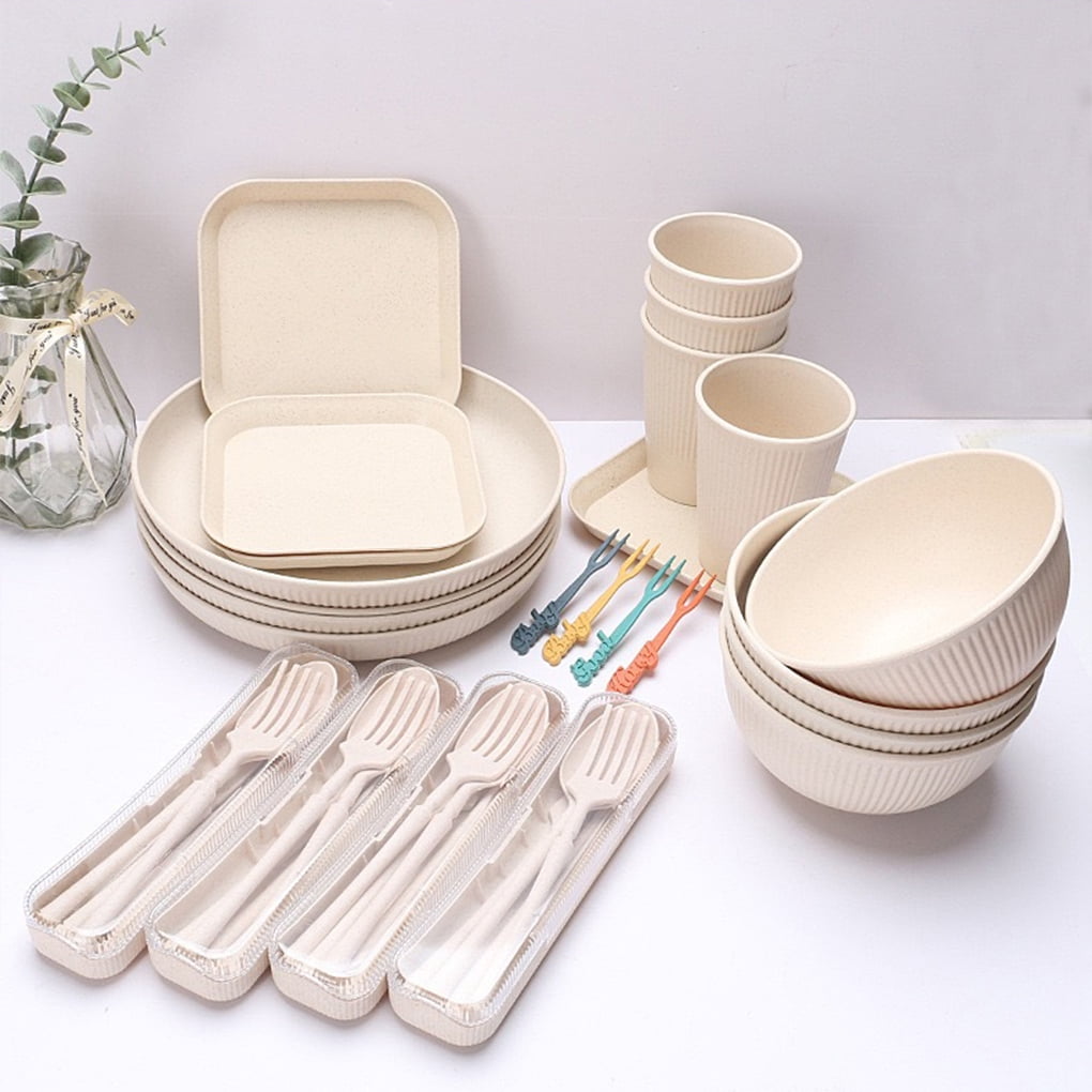 18-Piece Wheat Straw Dinnerware Set, Unbreakable Plates, Bowls & 11oz ...