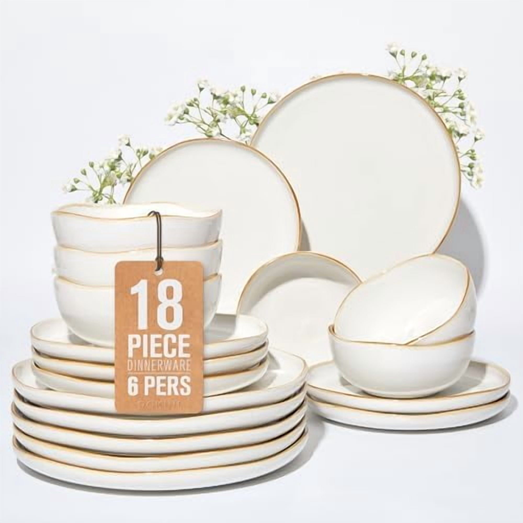 18 Piece White Reactive Glaze Dinnerware Set for 6, Irregular Coastal ...