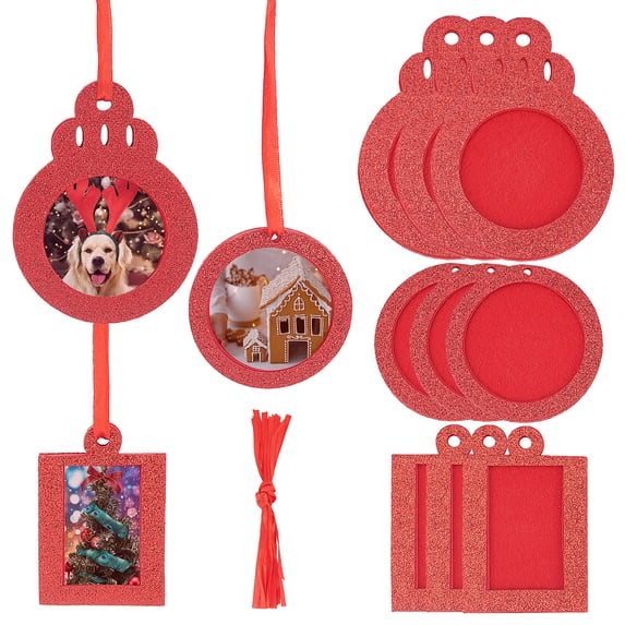 18 Pieces 3 Styles Christmas Photo Frame Ornaments Red Rectangle Round ...