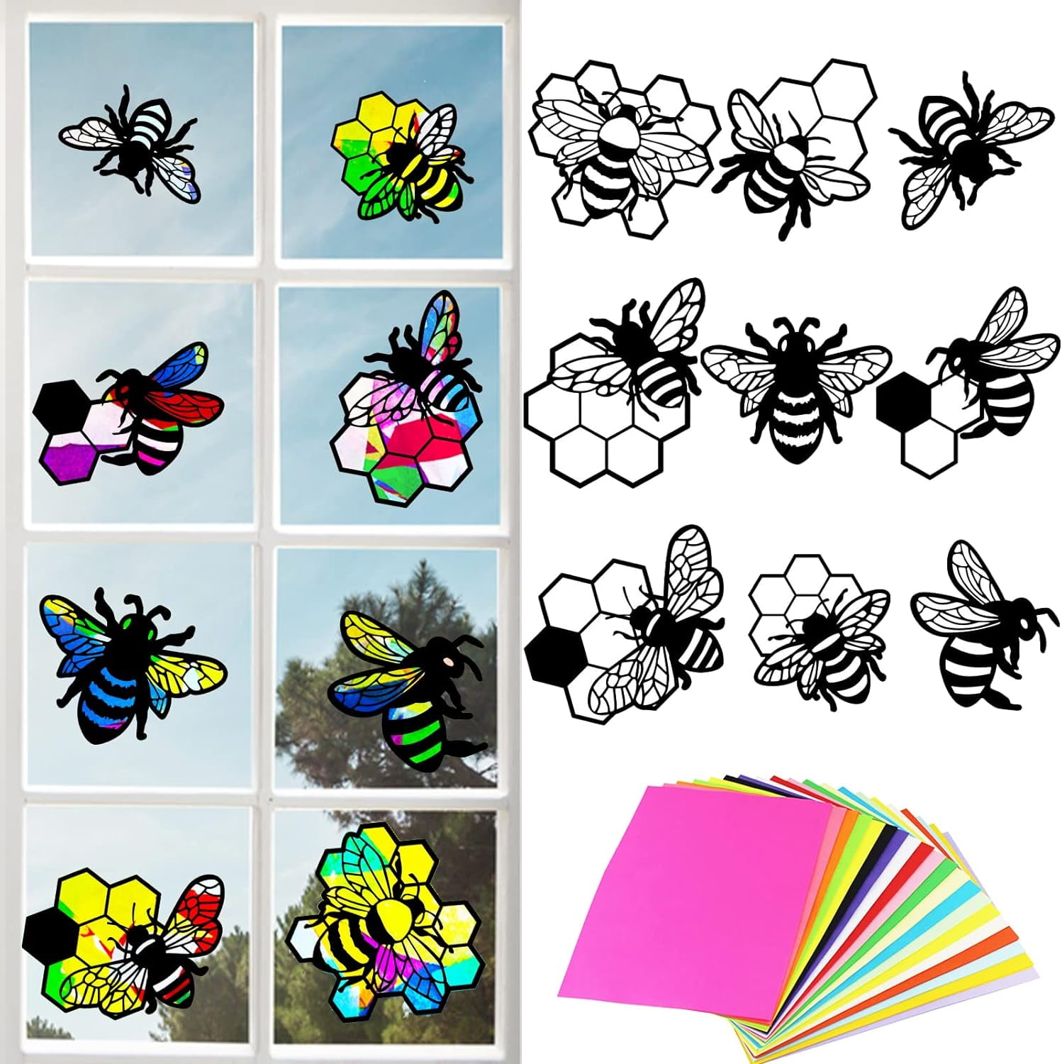 18 Pieces Bees Suncatcher Kit 9 Types Beehive Tissue Paper Stained ...