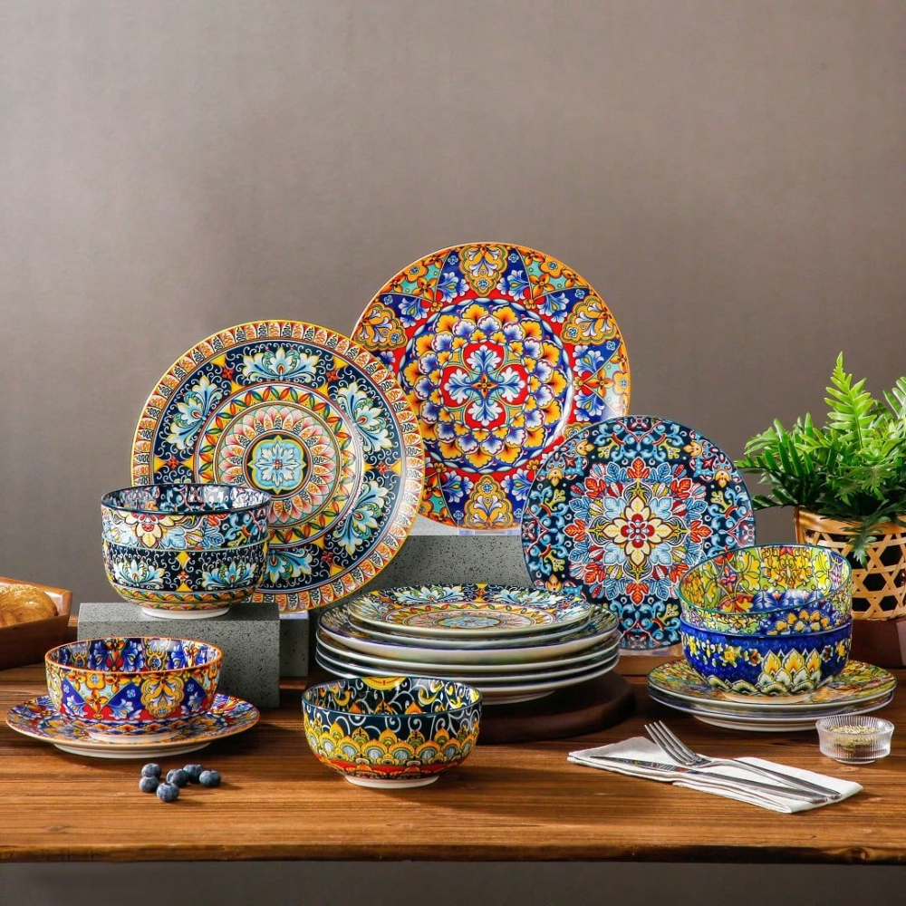 18 Pieces Dinnerware Set, Round Plate, Multicolor Poreclain, Bohemian ...