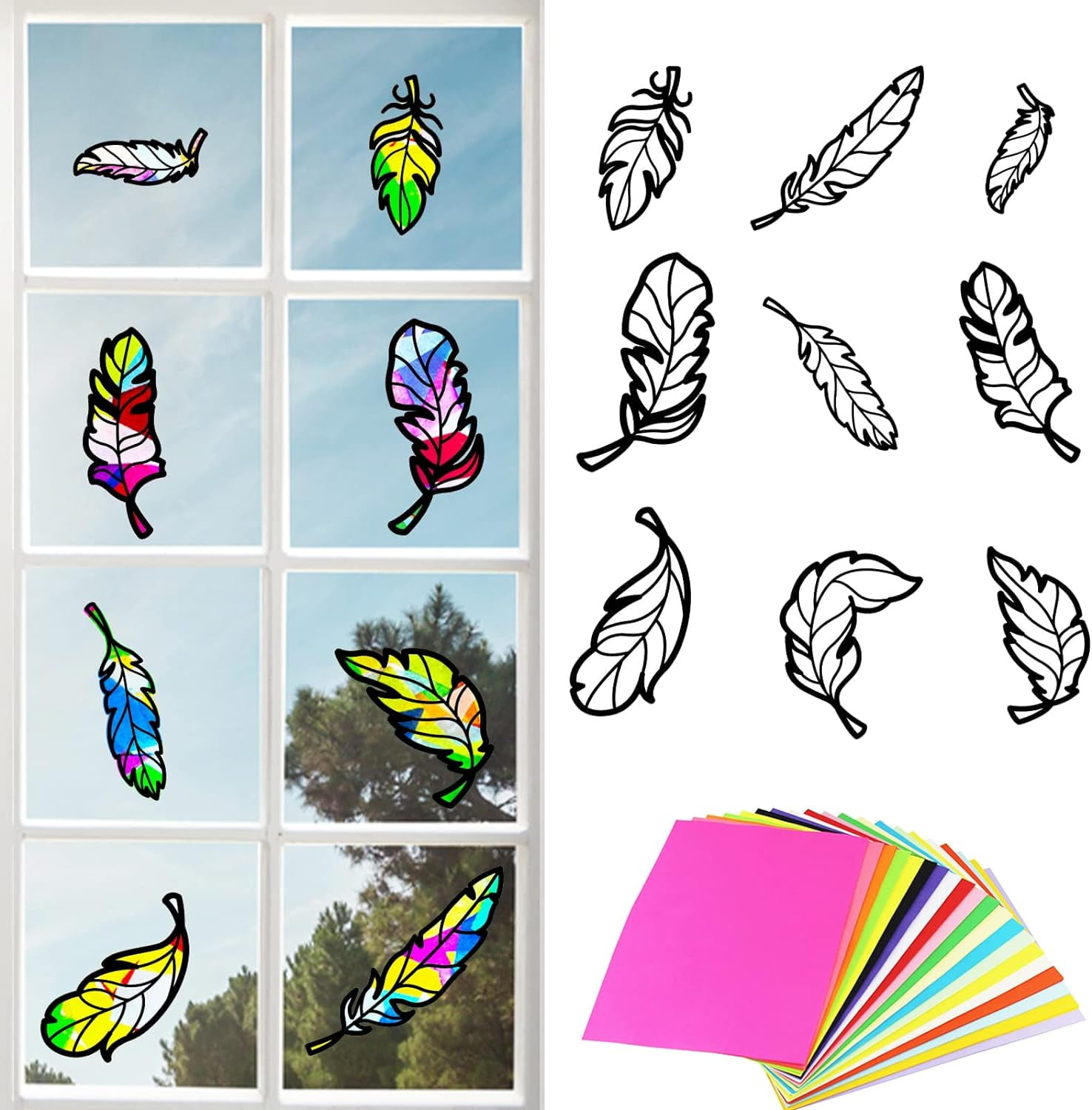 18 Pieces Feathers Suncatcher Kit Feathers Tissue Paper Stained Glass ...