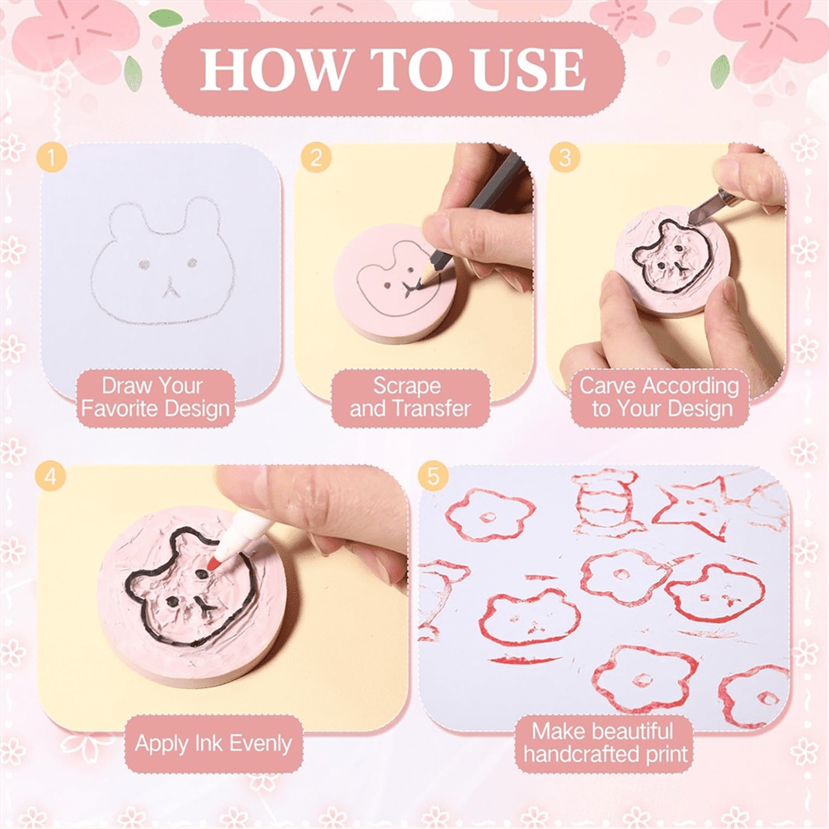 18 Pieces Rubber Stamp Carving Blocks Pink Soft Linoleum Blocks Carving ...