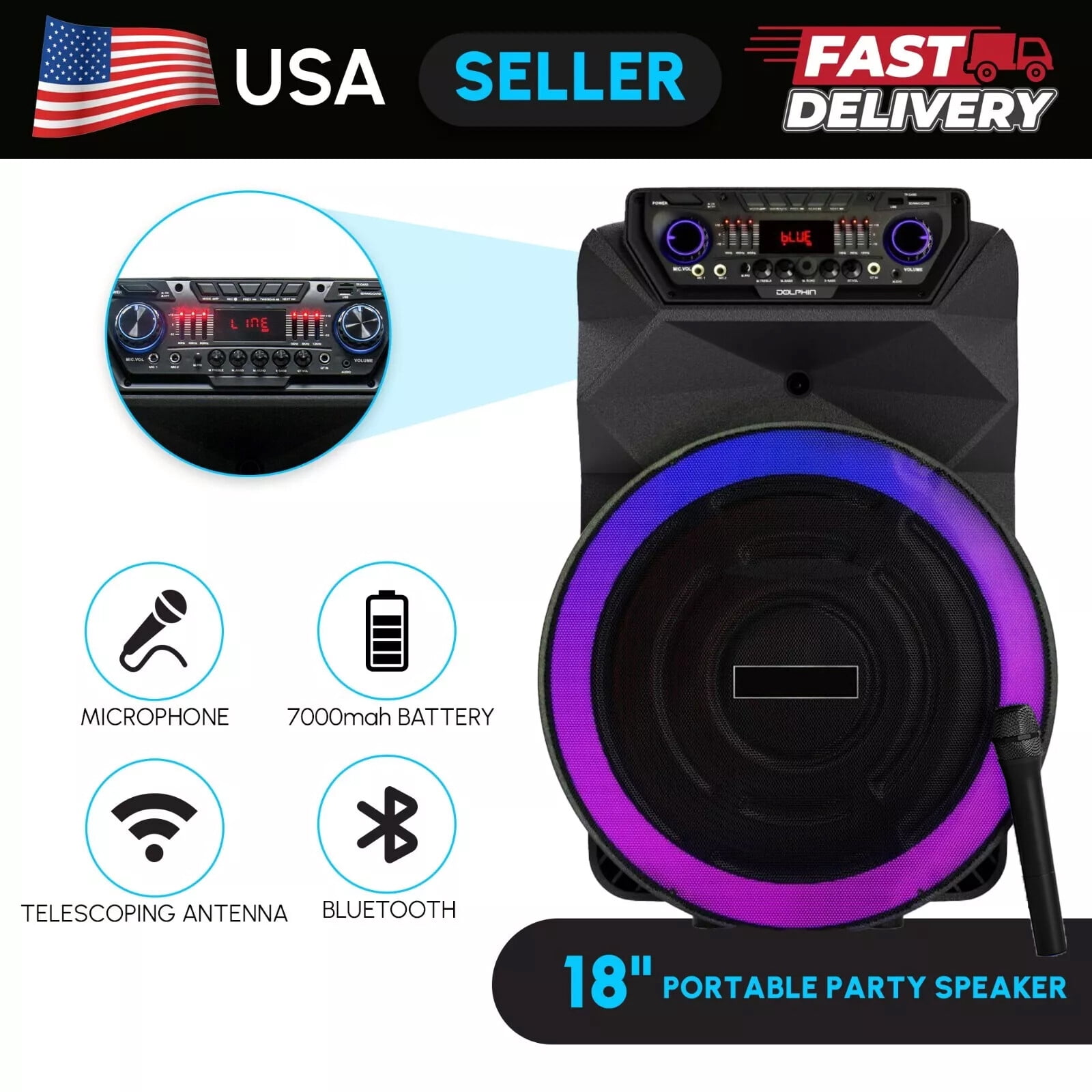 18" Portable Bluetooth Party Speaker DJ PA Loud Karaoke Systems W/ Mic ...
