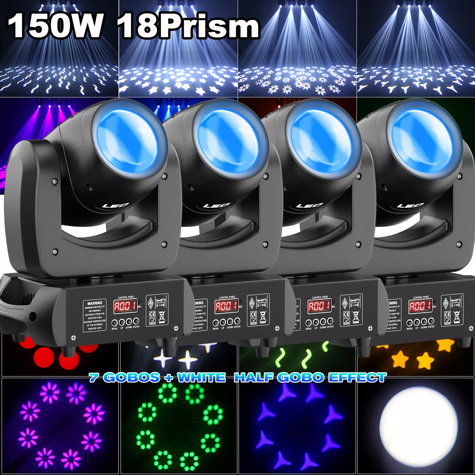 18 Prism DJ Lights,4Pack Beam 8 Gobo Moving Head Light LED Dazzling ...