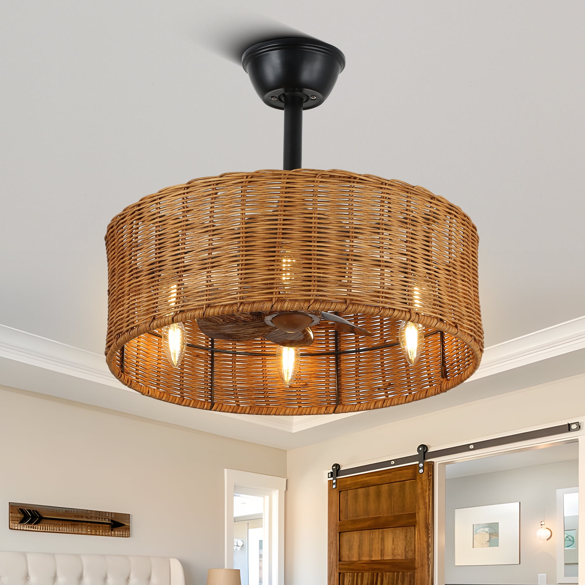 18" Rattan Ceiling Fan with Light Remote Control Caged Lighting Fixture ...