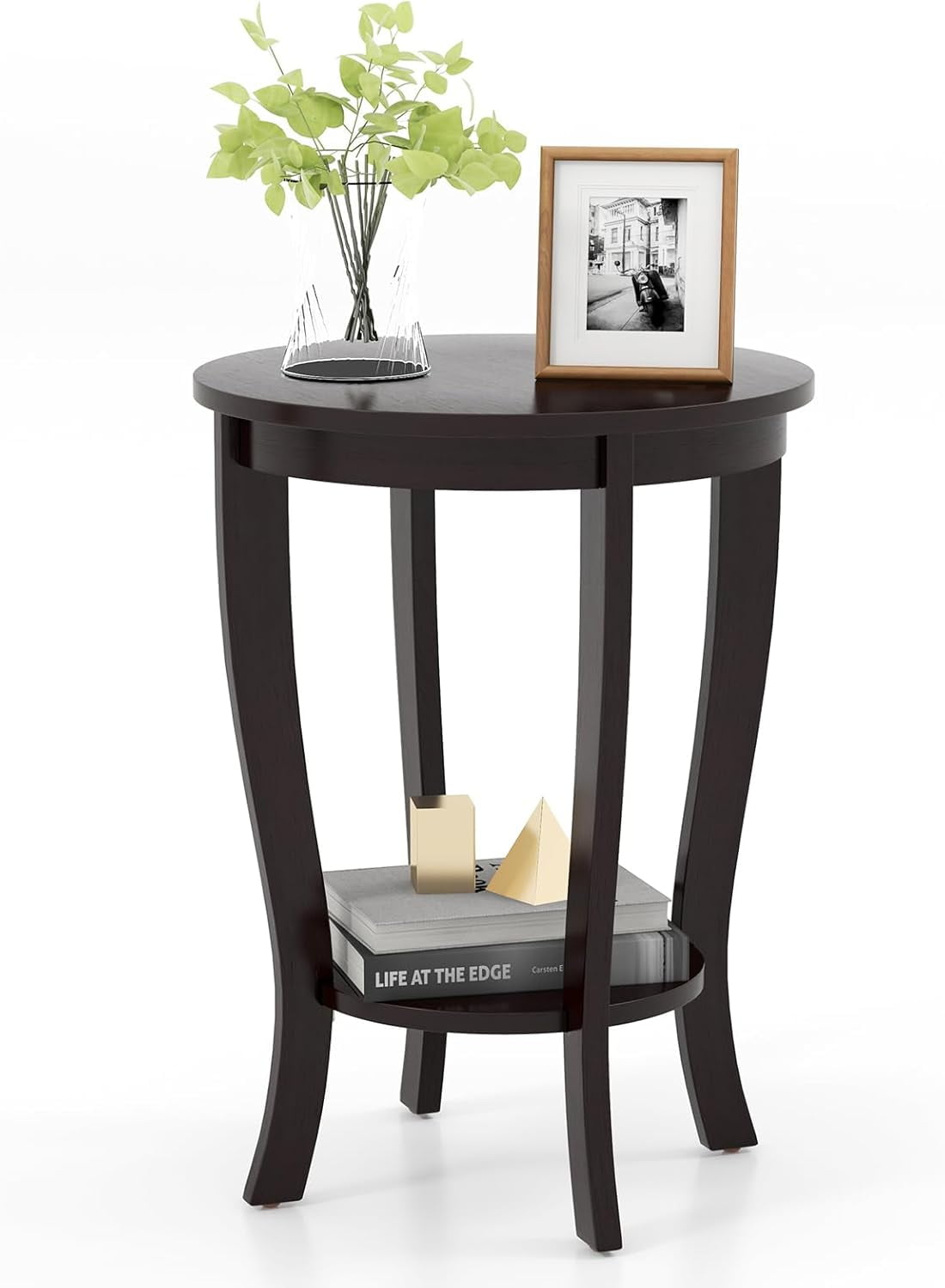 18" Round End Table with Storage Shelf - 2-Tier Side Table with Solid Wood Legs for Living Room ...