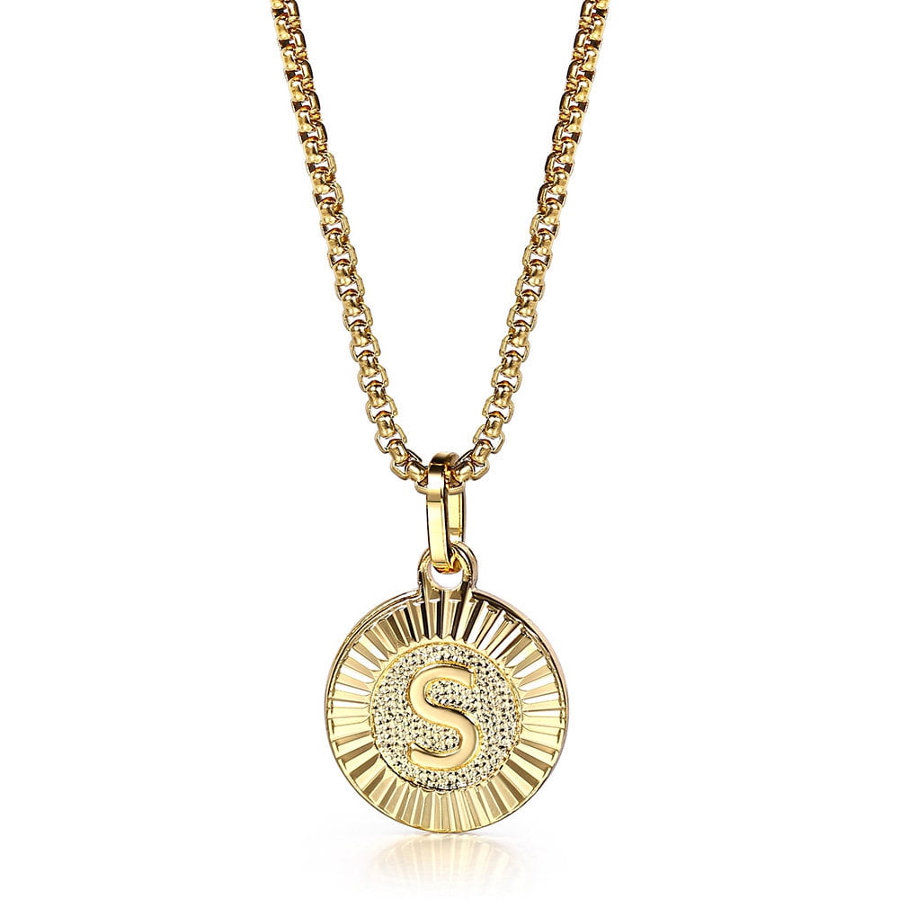 18" Round Gold Plated Initial Letter Pendant Necklace Stainless Steel ...