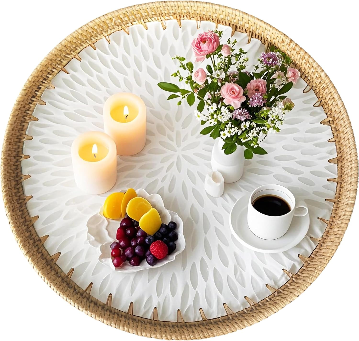 18" Round Large White Mother of Pearl and Natural Rattan Decorative ...