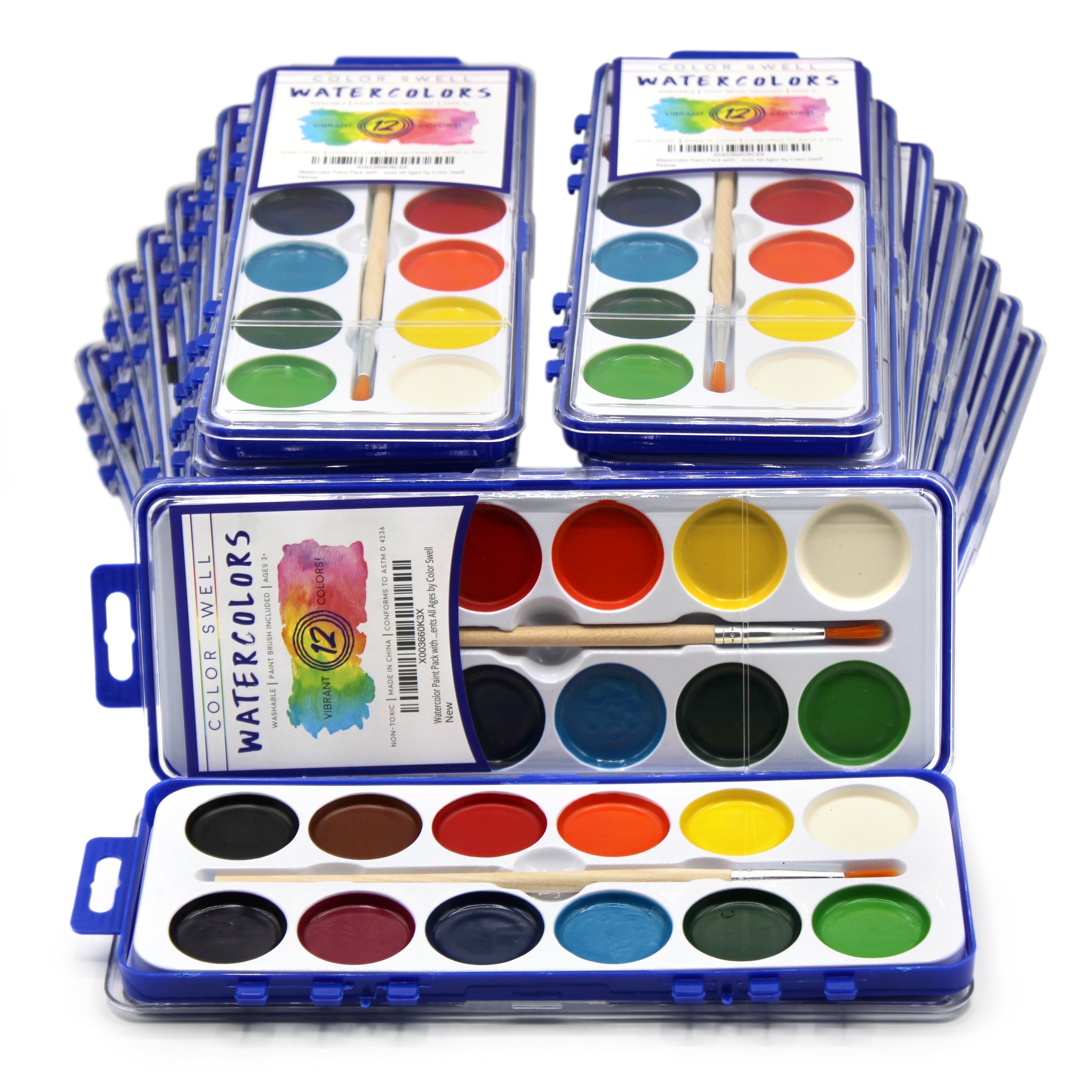 18 Set Bulk Watercolor Paint Pack with Wood Brushes 12 Washable Colors ...