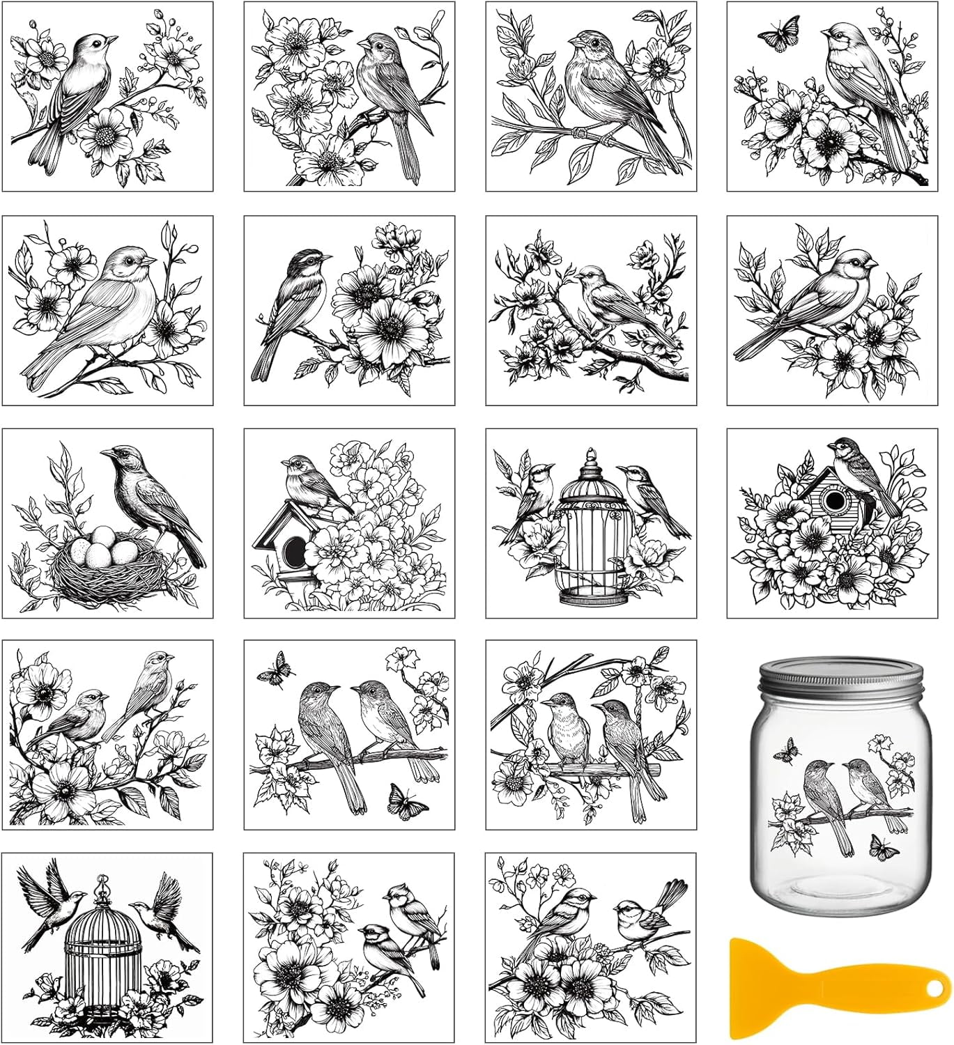 18 Sheets Black and White Flowers Birds Transfer Stickers 3.9x3.6inch ...