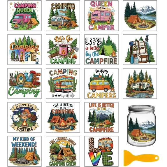 18 Sheets Camping Car Transfer Stickers 3.9x3.6inch Colorful Outdoor ...