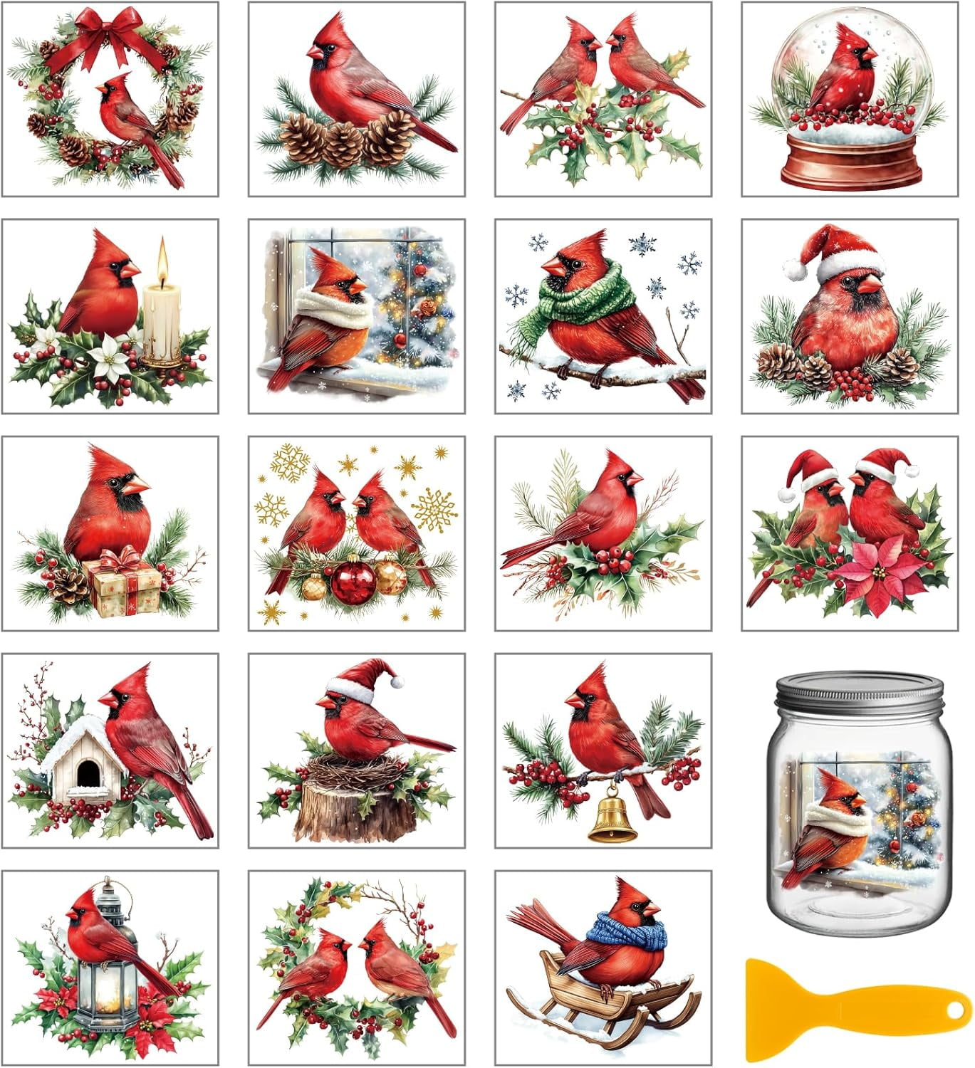 18 Sheets Christmas Cardinal Stickers 3.9x3.6inch Winter Colorful ...