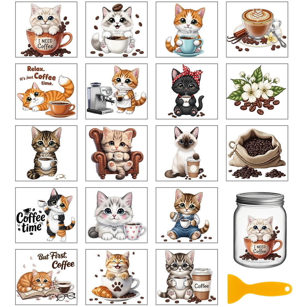 18 Sheets Coffee Cats Rub on Transfers Sticker for Vase Crafts 3.9x3 ...