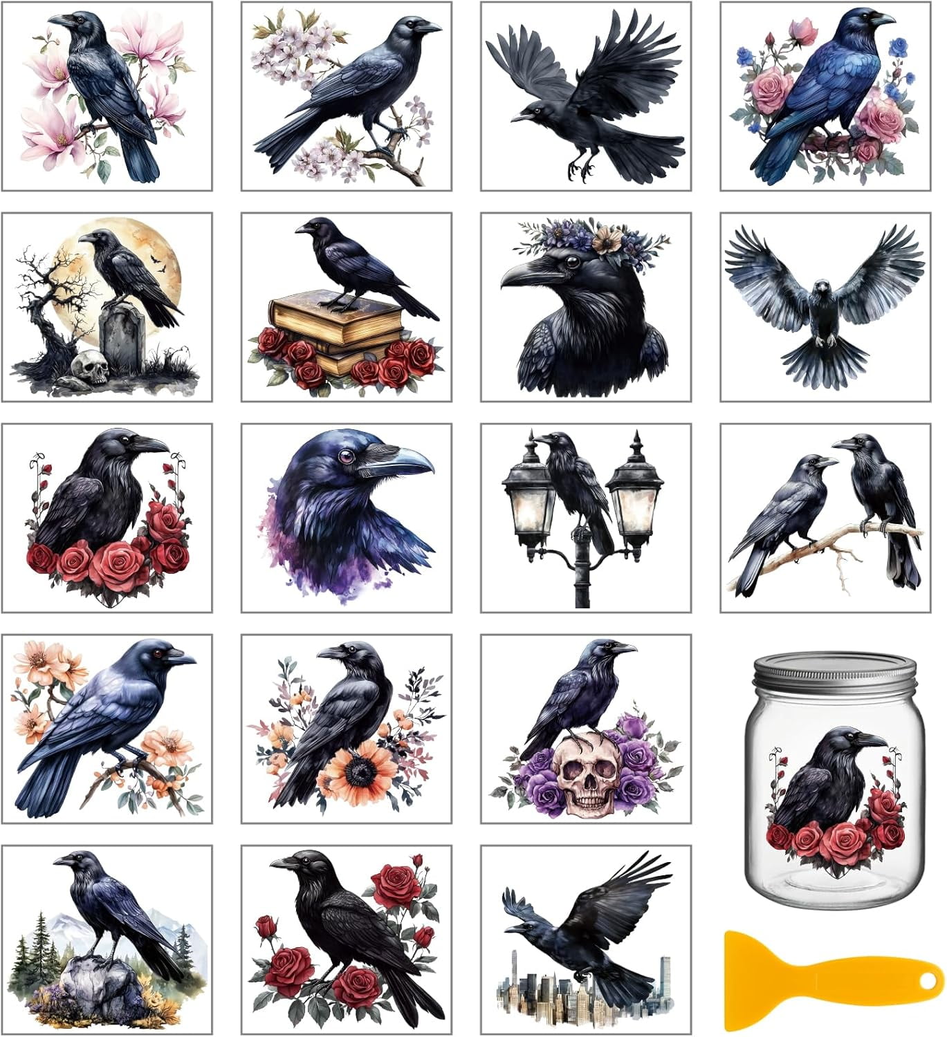 18 Sheets Crow Flowers Transfer Stickers 3.9x3.6inch Birds Animals ...