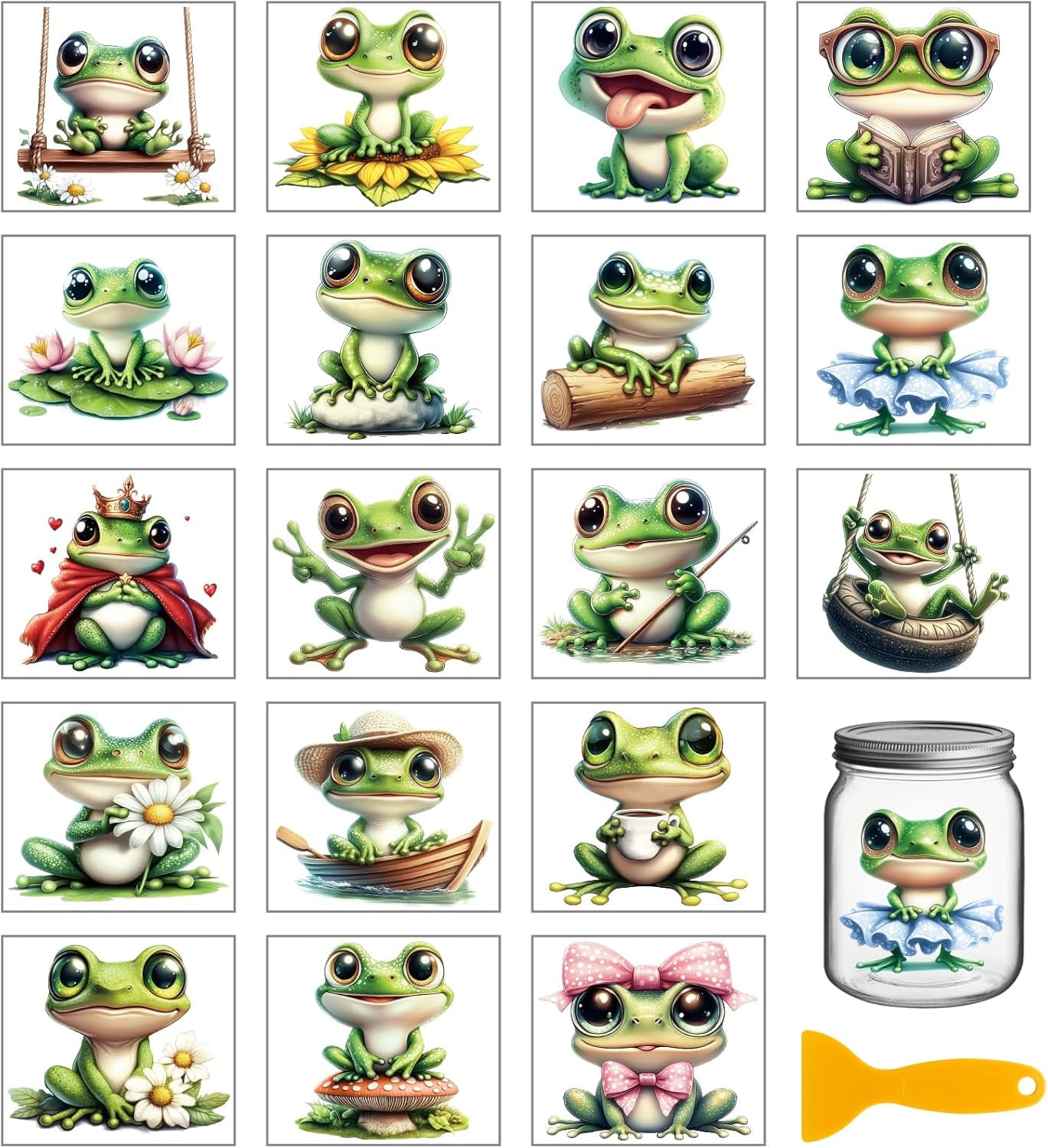 18 Sheets Cute Frog Transfer Stickers 3.9x3.6inch Flower Mushrooms ...