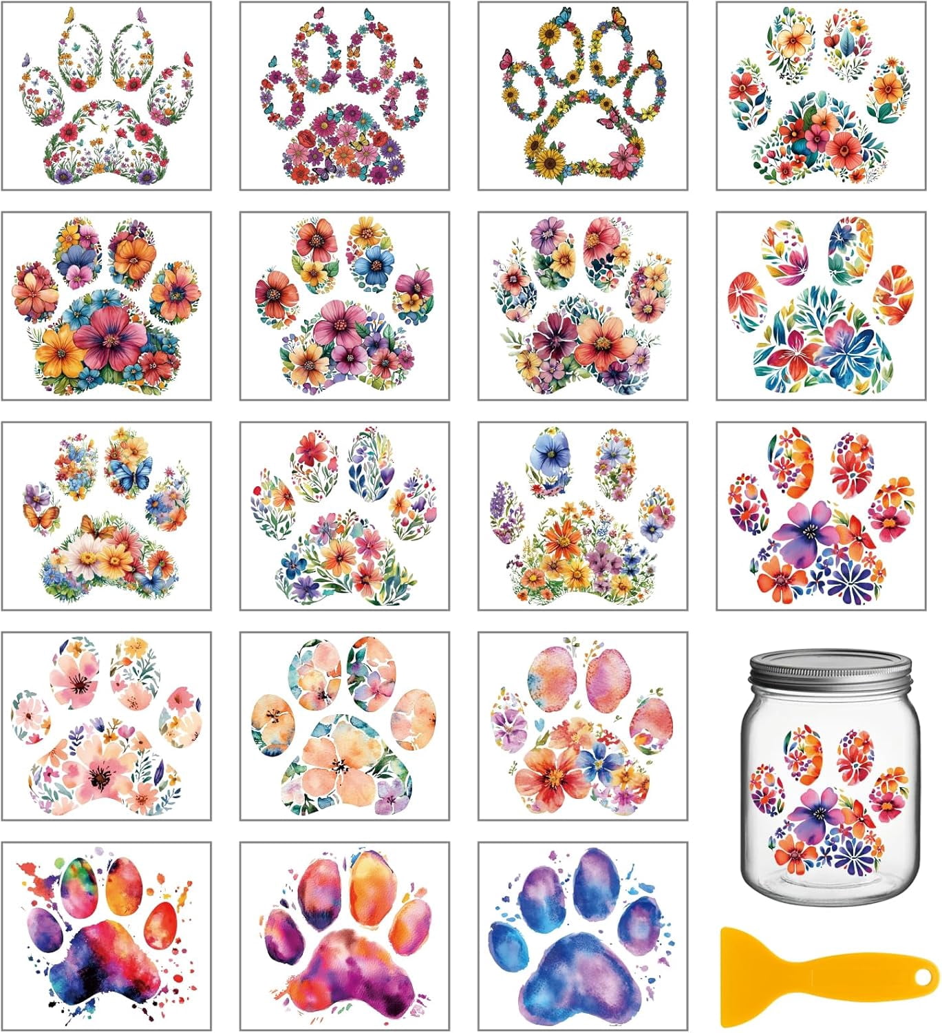 18 Sheets Dog Paw Prints Transfer Stickers 3.9x3.6inch Flowers Dog ...