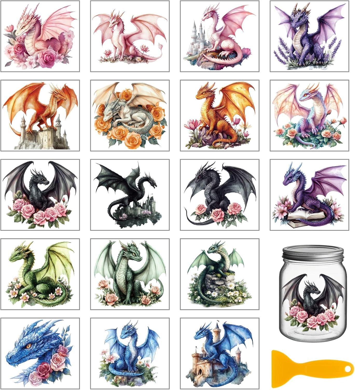 18 Sheets Fantasy Dragon Transfer Stickers 3.9x3.6inch Magic Flower ...