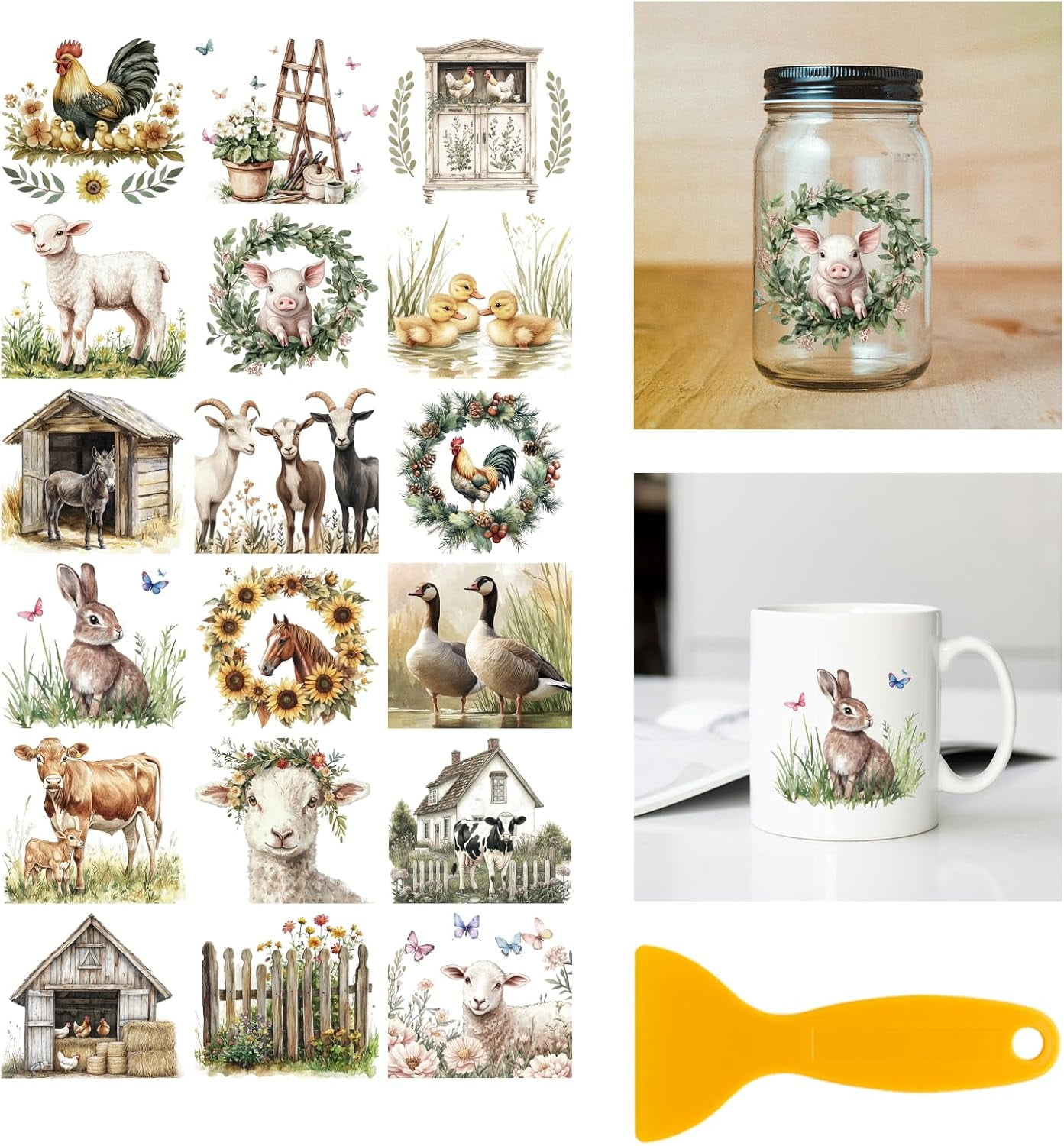 18 Sheets Farm Animals Rub on Transfer 3.9x3.6inch Colorful Pigs Cows ...